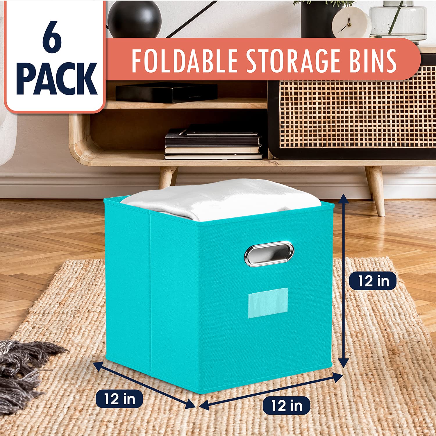 Ornavo Home Foldable Storage Bins Basket Cube Organizer with Dual Handles and Window Pocket - 6 Pack - 12" L x 12" W x 12" H - Teal