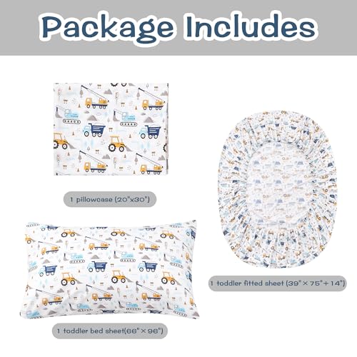 lasoftan Kids Sheet Set Twin Size 3 Pcs, Boys Twin Sheet Set with Blue Excavator Car Pattern,Kids Boys Twin Fitted Sheet ,Breathable & Silky Soft Microfiber Kids Fitted Sheet