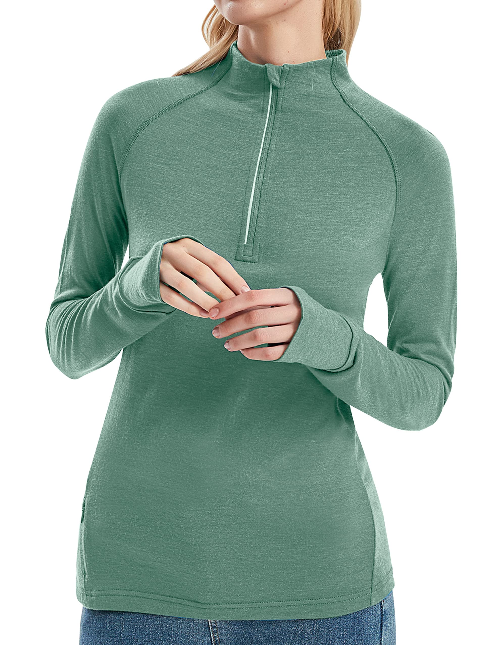 Iguana Women's 220 Midweight 100% Merino Wool Zip Neck Top Shirts Green