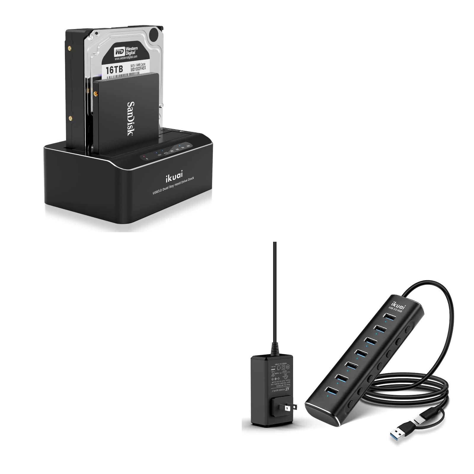 ikuai SATA to USB 3.0 Dual Bay Hard Drive Dock + 7-Port USB 3.0 Powered USB C Aluminum Hub with USB-C to USB-A Adapter and 12V/2A Power Adapter
