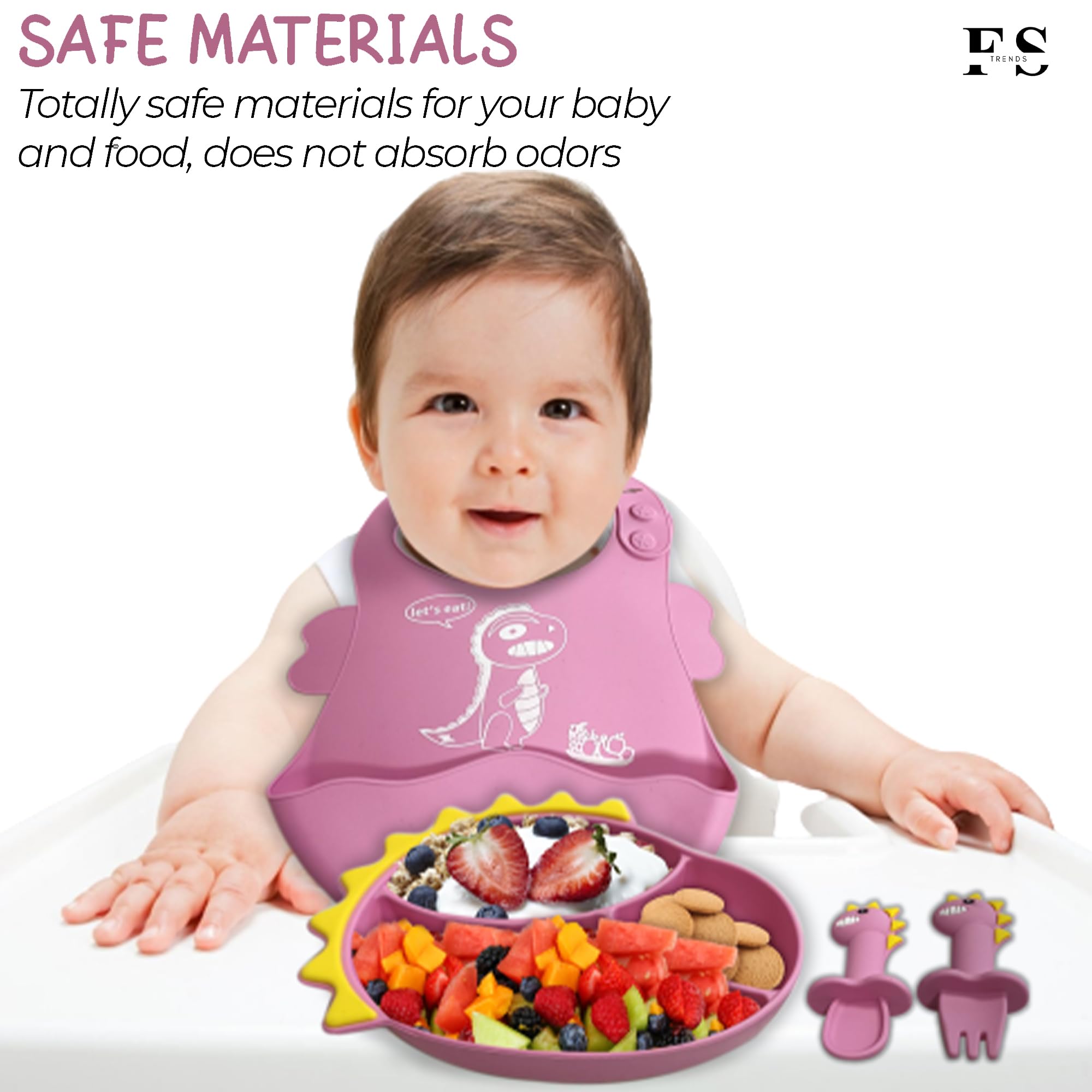 FS TRENDS Dinosaur Silicone Baby Feeding Set, 1pc Split Suction Plate, 1pc Adjustable Bib, 1pc Spoon, 1pc Fork, 1pc Straw, Baby Guided Weaning Supplies Automatic Feeding Tools – Green