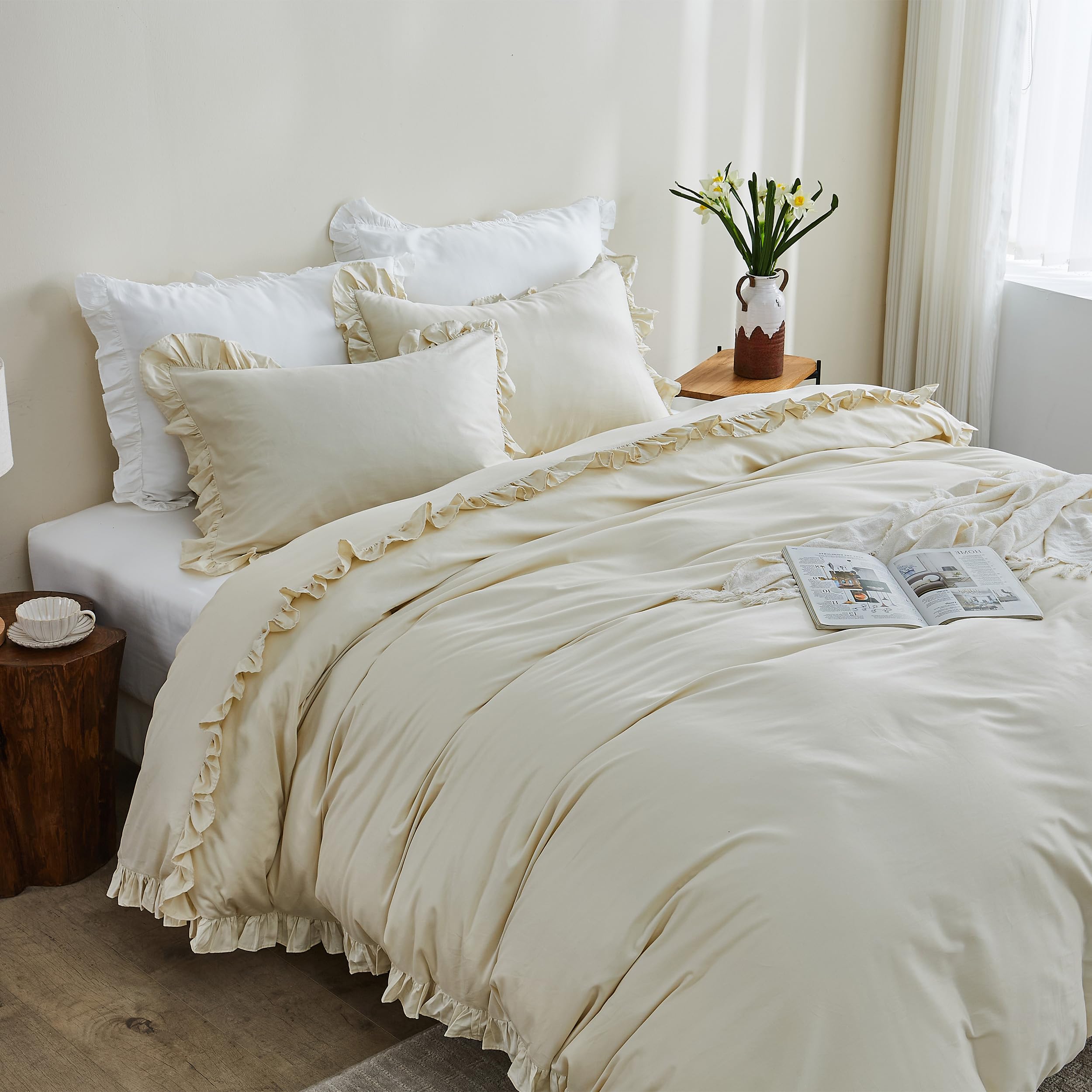 Simple&Opulence Kids 100% Organic Cotton Duvet Cover Ruffle- 3 Pcs (1 Comforter Cover 2 Pillowcases) Lace Shabby Chic High End Boho Floral Frill Bedding Set(Peach Pink,Queen)