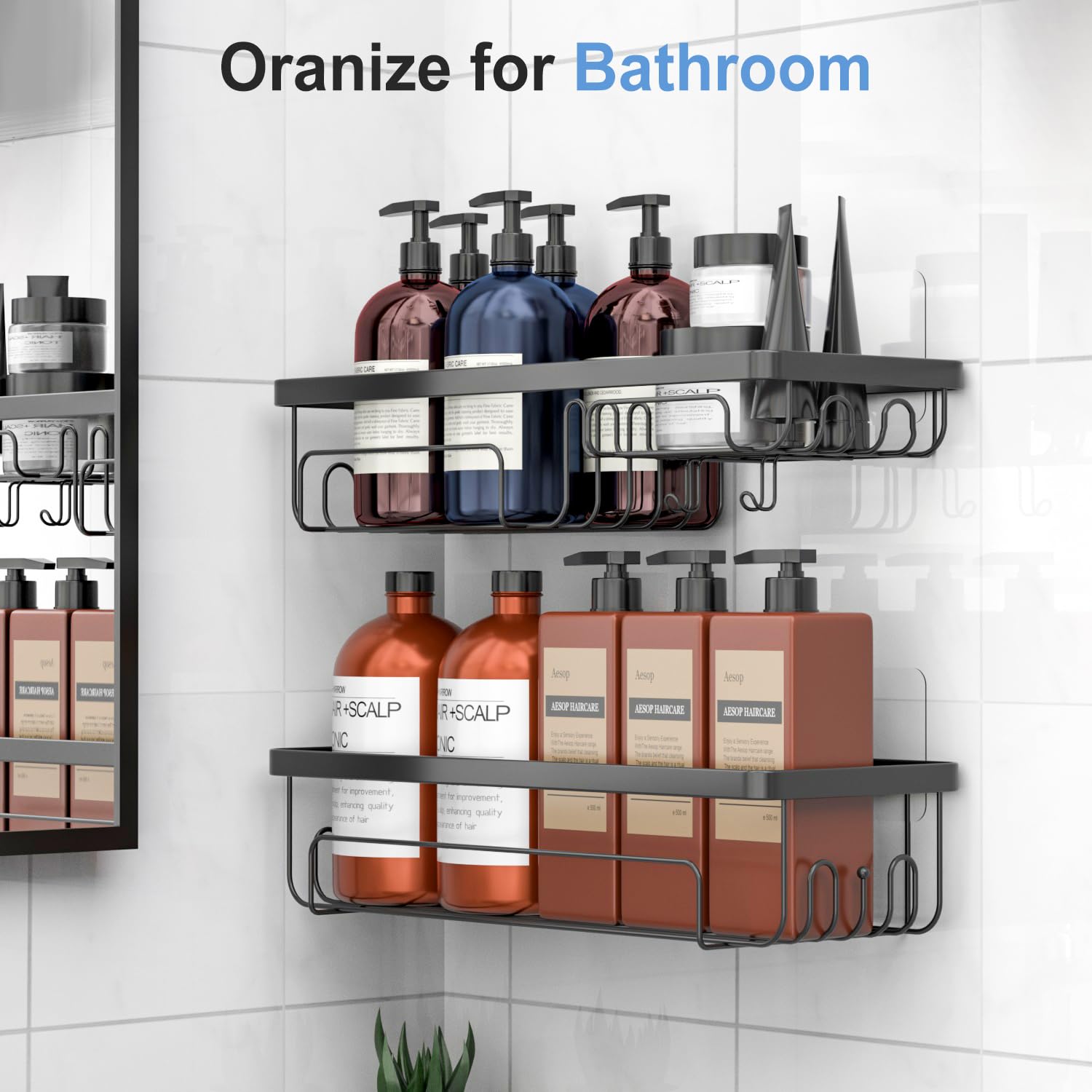 Quapkatt Adhesive Shower Caddy, SUS304 Stainless Steel Shower Organizer 2 Pack - Bathroom Organizers and Storage With 4 Hook, Large Capacity Shelf Basket Accessories for Bathroom & Kitchen (Black)