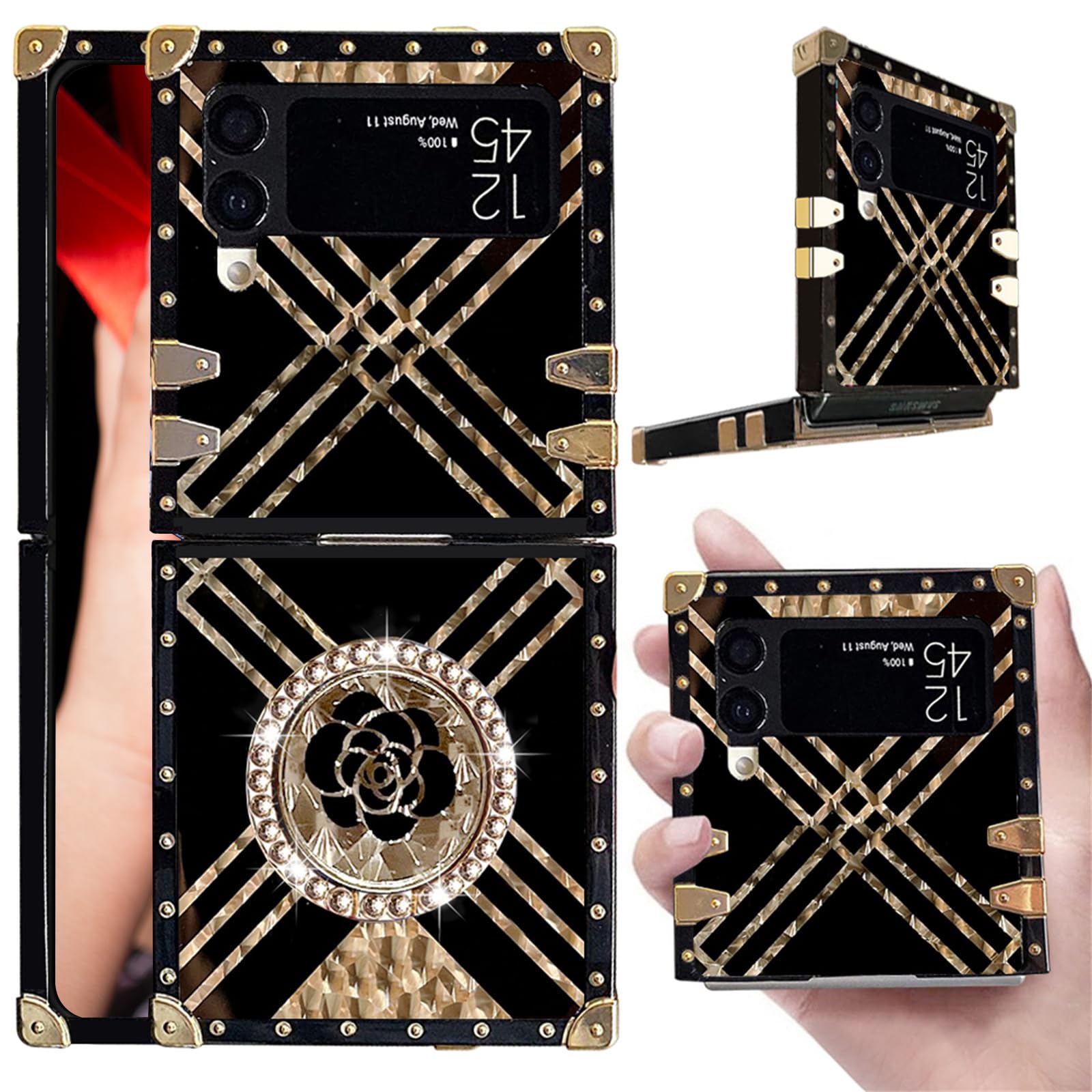 Ephoou for Samsung Galaxy Z Flip4 5G Case for Women,Square Rivet Metal Corner Design Phone Case Cover with Bling Diamond Ring Suitable for Samsung Galaxy Z Flip4 5G 6.7" BF-Black