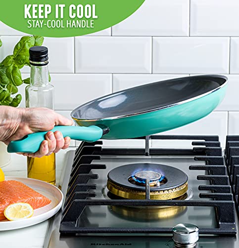 GreenLife Soft Grip Diamond Healthy Ceramic Nonstick, 11" Frying Pan Skillet with Lid, PFAS-Free, Dishwasher Safe, Turquoise