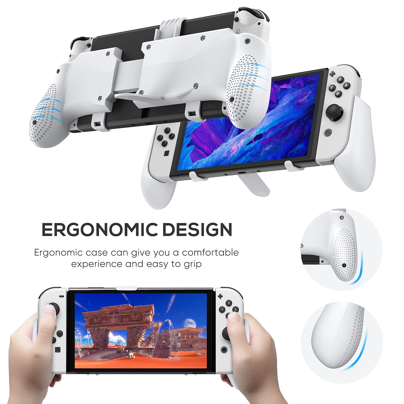 Hand Grip Stand for Nintendo Switch OLED Model, Comfortable & Ergonomic Adjustable Handle Grip Compatible with Switch OLED/Switch/Switch Lite, Grip Case Accessories with Thumb Caps