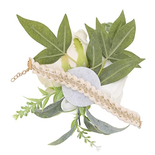 Wrist Corsage Wristlet Band Bracelet for Wedding Bride Wrist Flower Artificial Flower Decorative White Roses and Green Leaves for Wedding Party