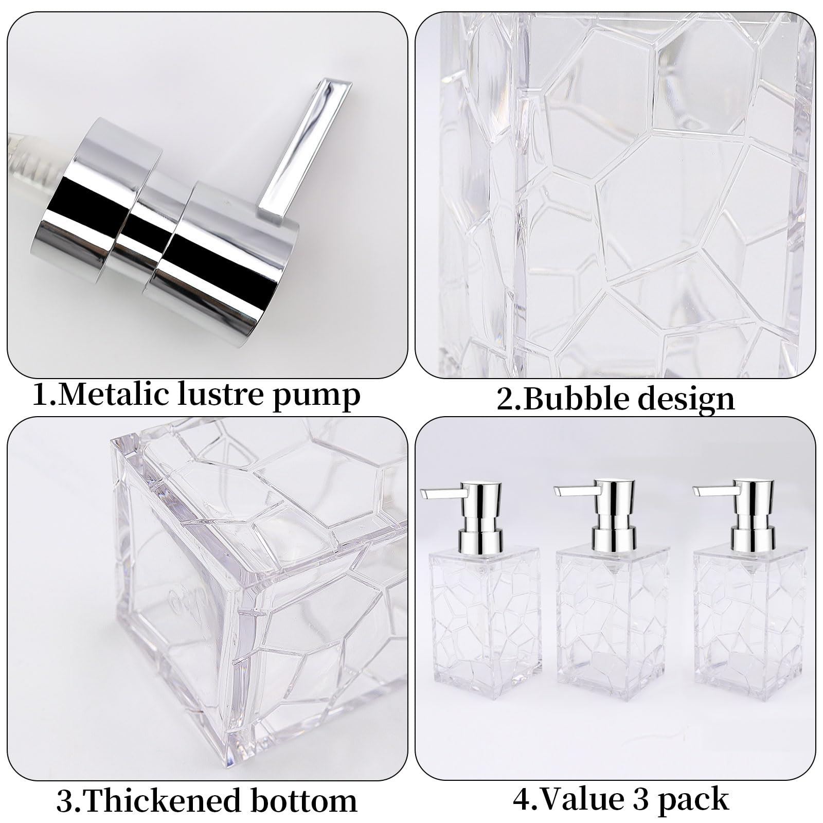 Dexspoeny 3 Pack Clear Bathroom Countertop Soap Dispenser,Refillable Soap Dispenser for Kitchen and Bathroom, Bathroom Soap Dispenser Set includes 12 Stickers and Transparent Funnel Tool
