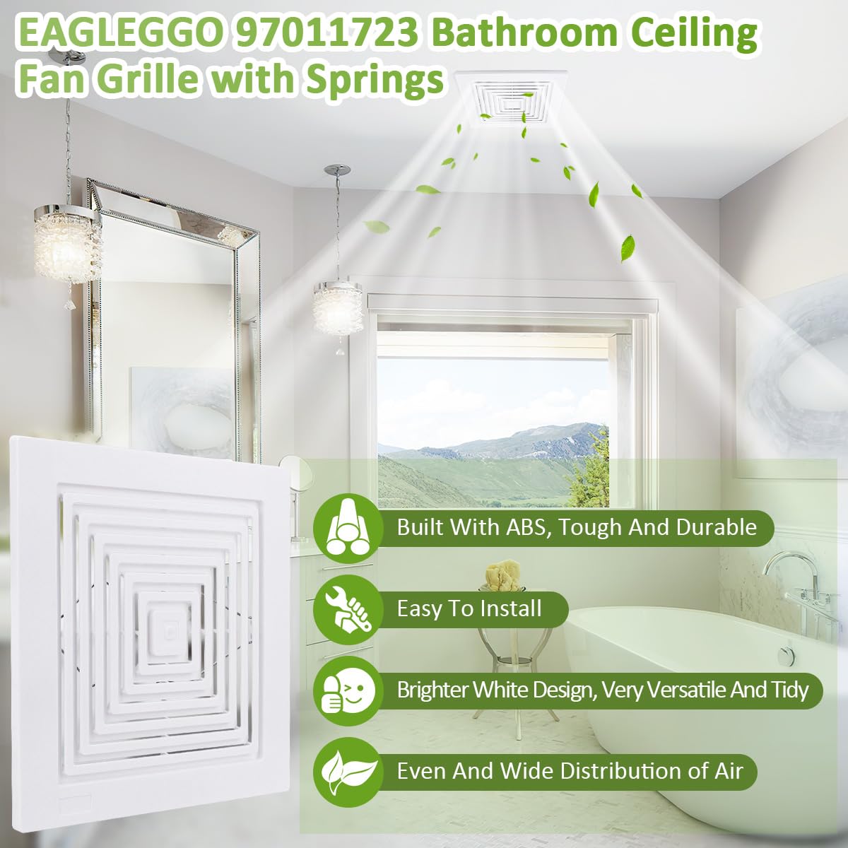 EAGLEGGO S97011723 Bathroom Ceiling Fan Grille with Springs for Square Ceiling or Wall-Mount Exhaust Fan Replacement Vent Cover Fits Models 663 670 671 675 688 689 Ventilation Fan (9-1/4" x 9")