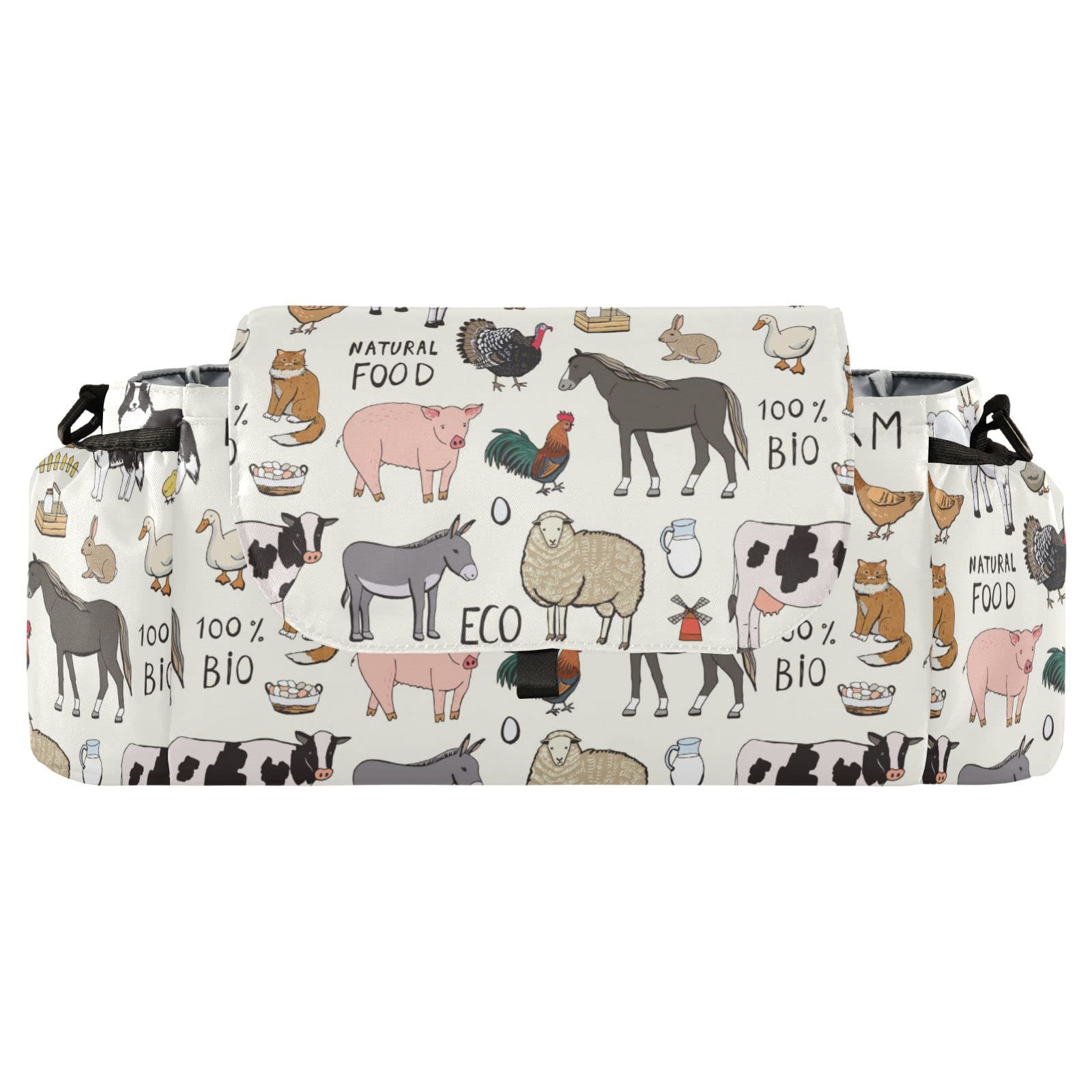Kigai Farm Animals Baby Stroller Organizer with Cup Holders, Secure Hooks Accessories Adjustable Strap Stroller Bag for Bottle, Diaper, Phone, Toys, Baby Items