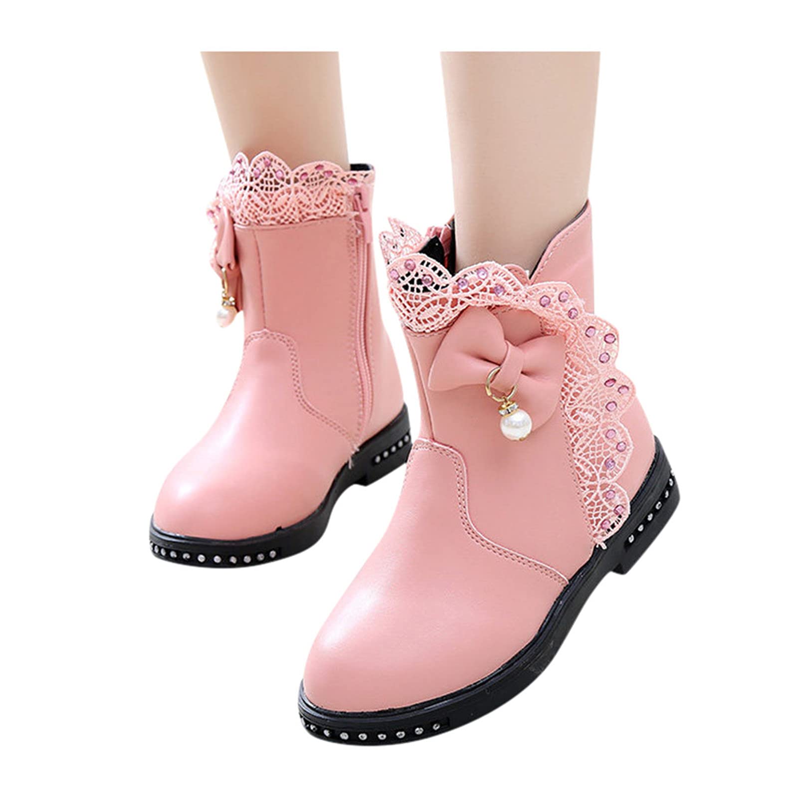 PU Leather Butterfly Knot Princess Shoes for Little Kid/Big Kids Girls 4-12 Years Non-Slip Fur Lining Boots Snow Boots (Pink, 10.5-11Years)
