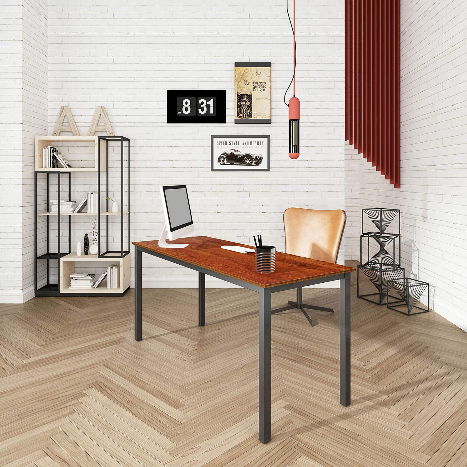 FSTAR 55" Writing Desk Sturdy Home Office Desk Modern Simple Design Computer Desk Writing Table for Home Office Large Space Workstation Metal Frame (55", Sandalwood)