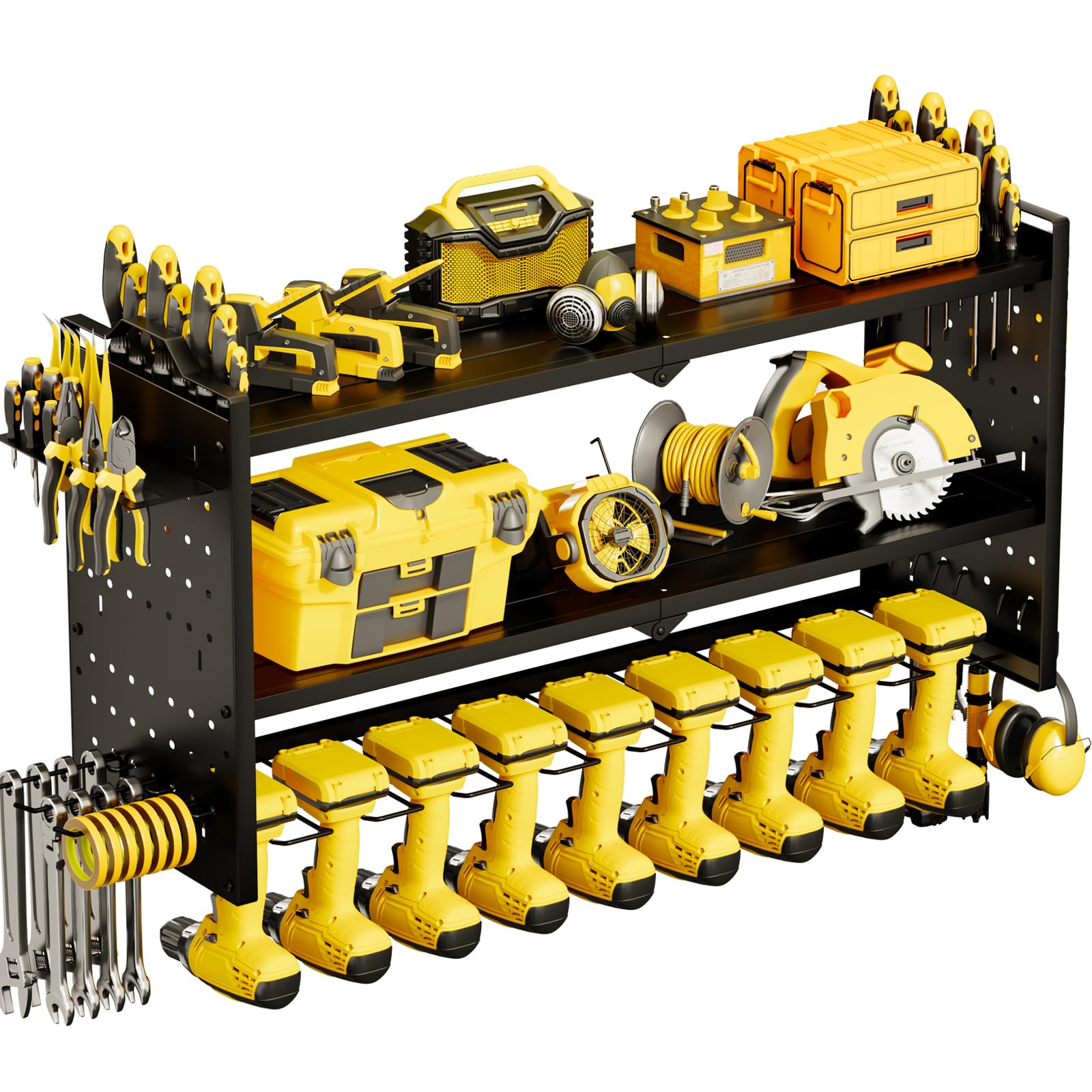 OPENICE Power Tool Organizer, Wall Mount Power Tool Rack with 9 Cordless Drill Holder, 3 Layers Metal Power Tool Organizer - 32 Inches, Black