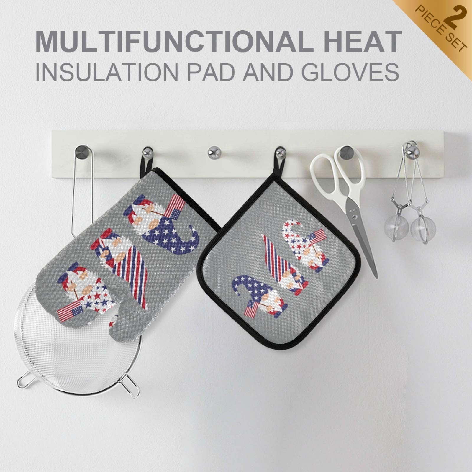 Exnundod America Flag Gnomes Oven Mitts Pot Holders Set,Memorial Day 4Th of July Patriotic Hot Pads&Gloves 2pcs for Kitchen Cookware Cooking BBQ Baking Bakeware Sets