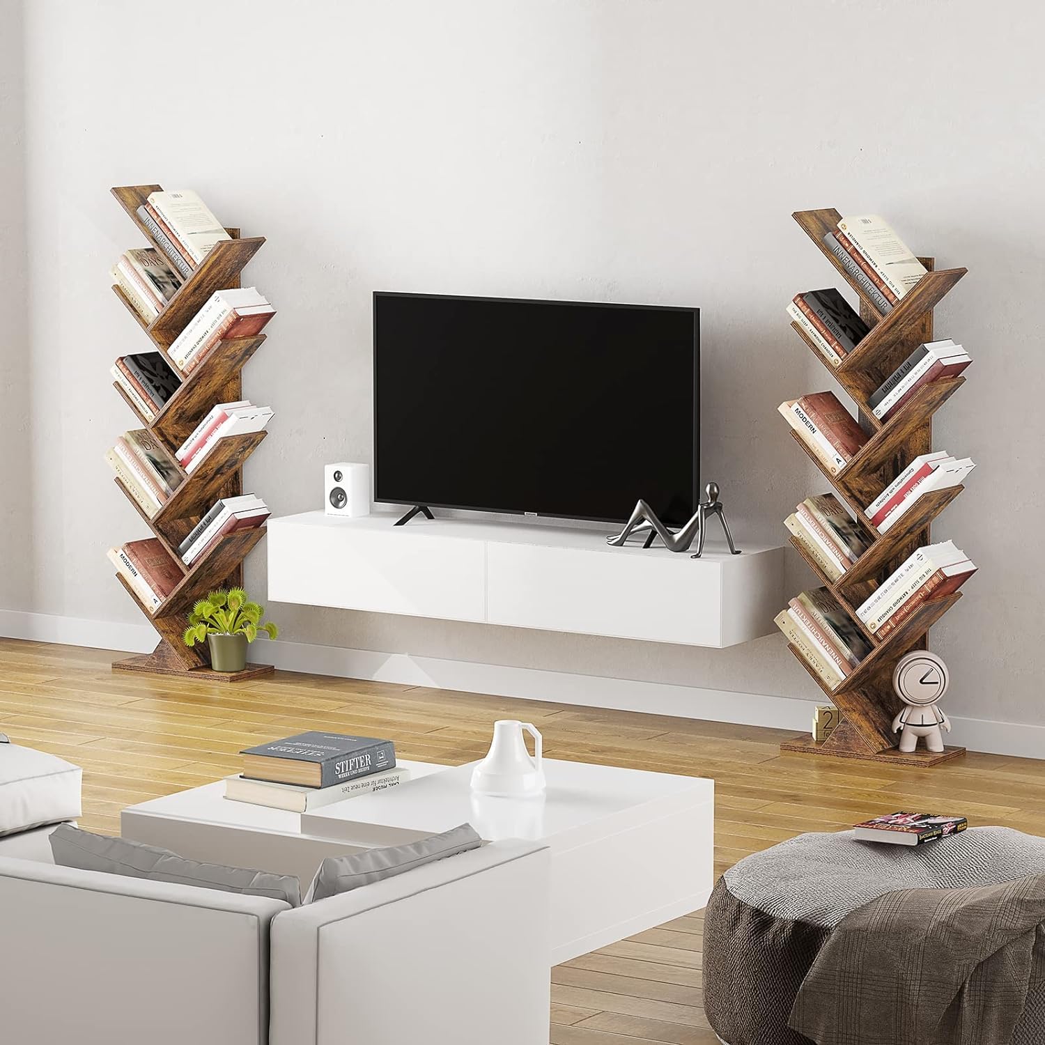 Function Home 9 Tier Tree Bookshelf, Modern Tall Geometric Bookcase, Freestanding Book Shelf, Wood Floor Storage Shelf for Living Room, Bedroom, Home Office,Rustic Brown
