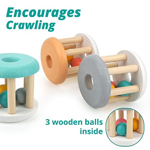 DUCKBOXX XX Wooden Rattle Rollers for Babies Ages 0m β 2yrs (White Base - 3pcs)