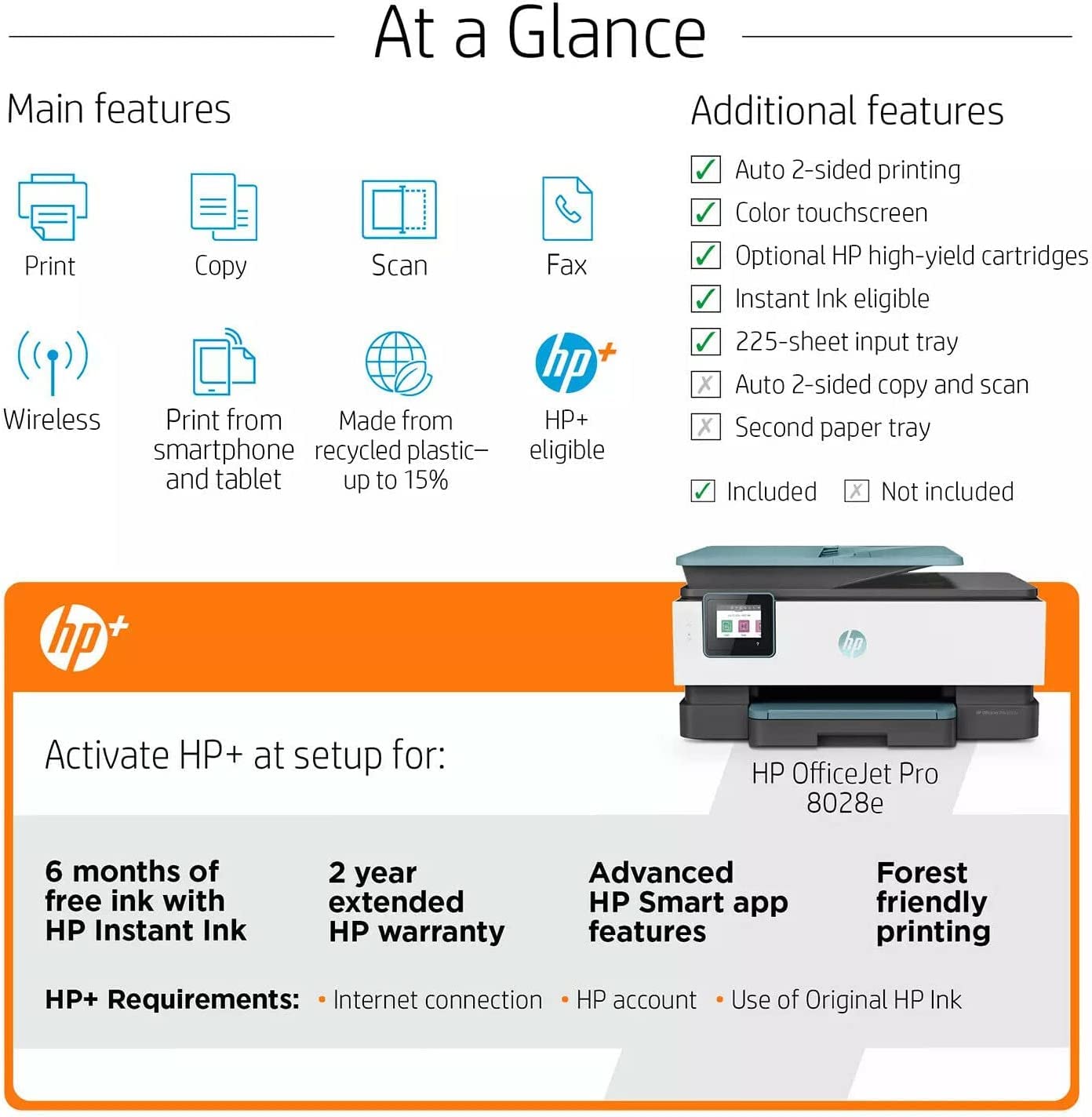 HP OfficeJet Pro 8028e All-in-One Wireless Color Inkjet Printer for Home Office, Blue- Print Scan Copy Fax-20 ppm, 35-sheet ADF, 4800 x 1200 dpi, Auto 2-sided Printing, Ethernet, Cbmou External Webcam