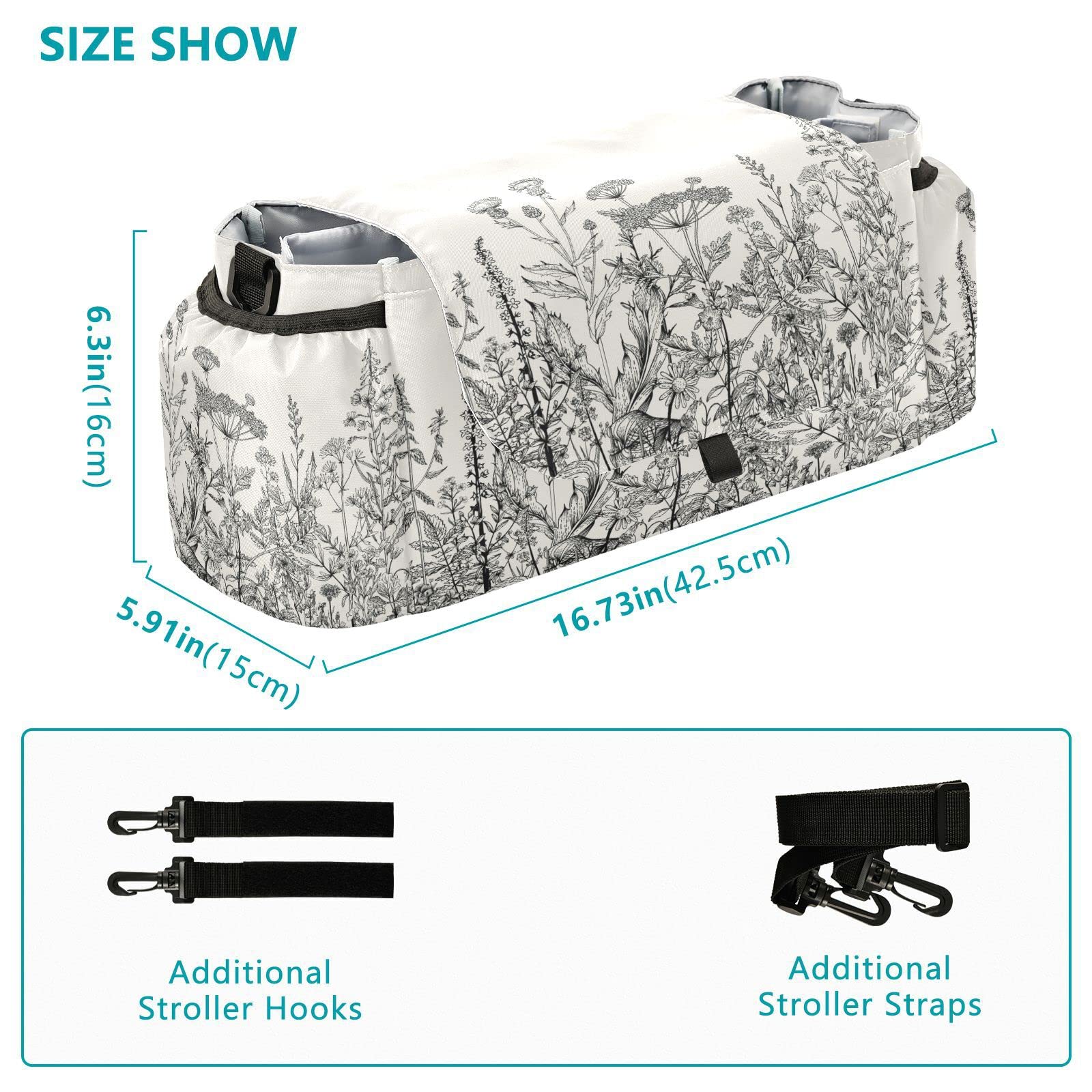 Kigai Herbs Wildflowers Baby Stroller Organizer with Cup Holders, Secure Hooks Accessories Adjustable Strap Stroller Bag for Bottle, Diaper, Phone, Toys, Baby Items