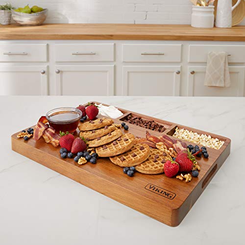 Viking Culinary Reversible Butcher Block Prep and Carving Board, 20 Inch, Includes 3 Built-In Compartments & Juice Groove, Crafted from Acacia Wood