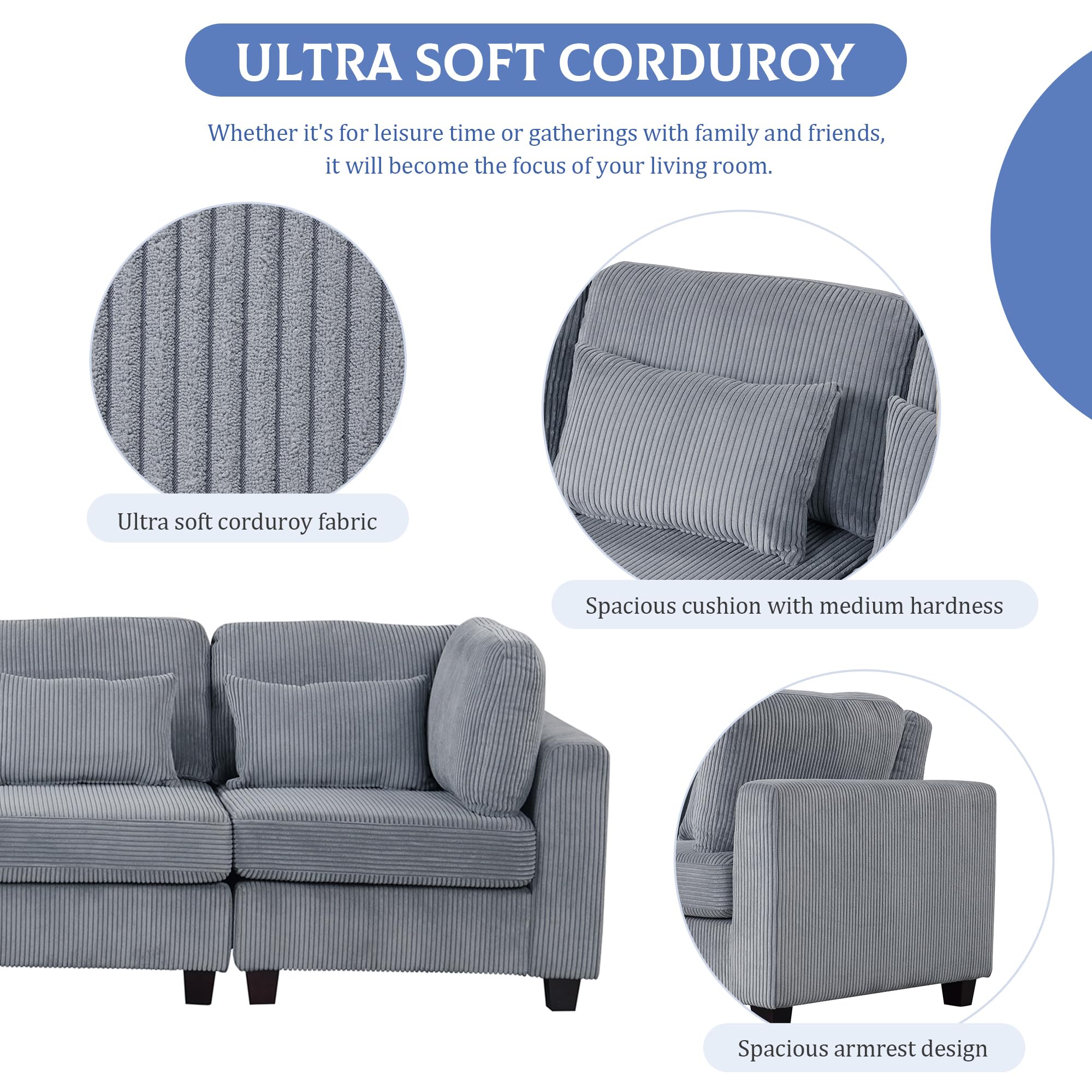 KELRIA 99.6" 5 Pieces L-Shaped Modular Sectional Sofa with Removable Ottomans and Waist Pillows, Modern Corduroy Fabric Upholstered Couch for Living Room, Apartment, Studio, Grey