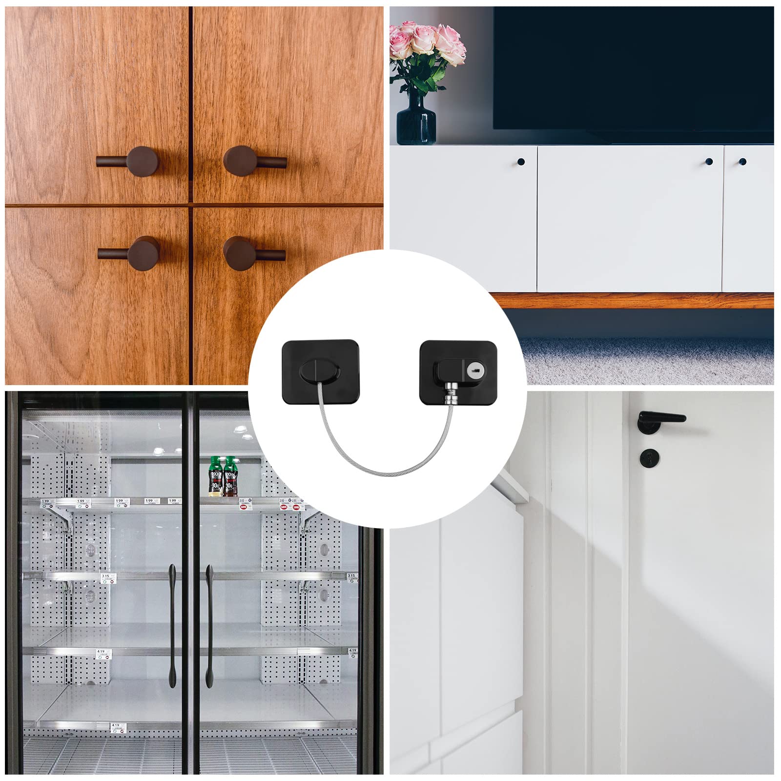 SAVITA 2 Pcs Refrigerator Door Locks, Fridge Lock with 2 Keys Stainless Steel Zinc Alloy Strong Adhesive Lock Protect Baby Kid Safe for Windows Kitchen Cabinets Cupboard Refrigerator Drawer (Black)