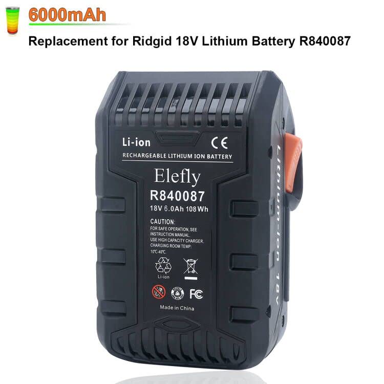 ELEFLY 2 Pack 18V 6.0Ah Lithium Battery Replacement for Ridgid 18V Battery R840087 R840083 R840086 AC840085 AC840087P Compatible with Ridgid 18V Drill Tool Battery
