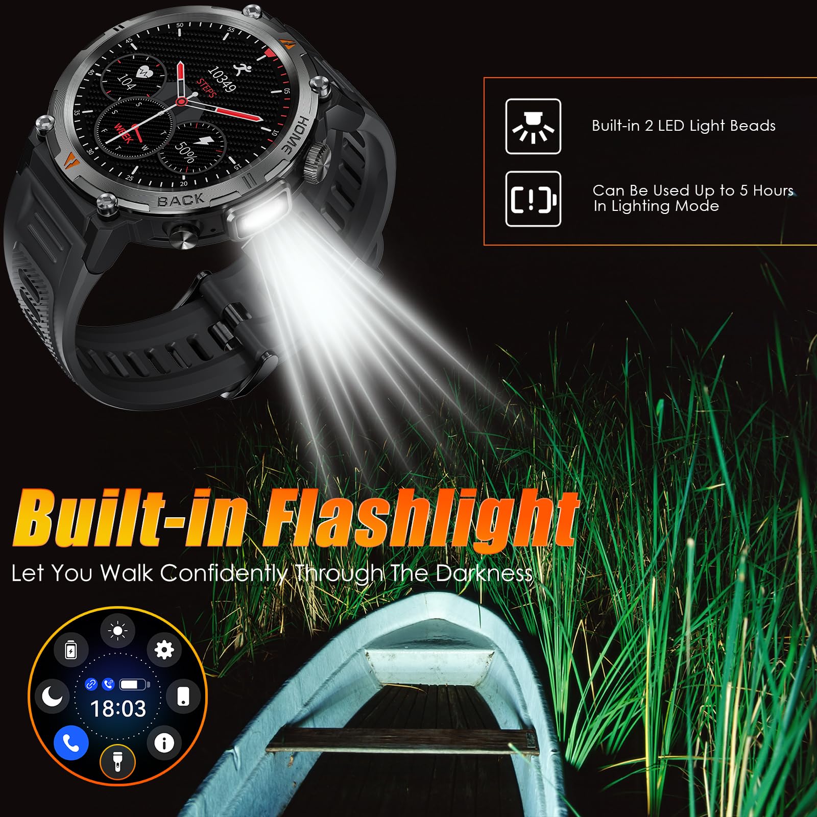 EIGIIS Military Smart Watch for Men Tactical Rugged with Bluetooth Call Flashlight 1.45'' Big Screen Fitness Tracker Heart Rate Sleep Monitor Waterproof Sports Smartwatch iPhone Android Black