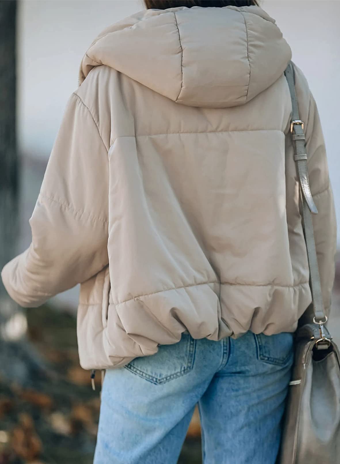 Dokotoo Womens Oversized Fashion Windbreaker Winter Autumn Full Zipper Front Drawstring Hooded Bomber Puffer Jacket Baggy Short Coats for Women Warm Comfy Soft Outerwear with Pockets Beige S