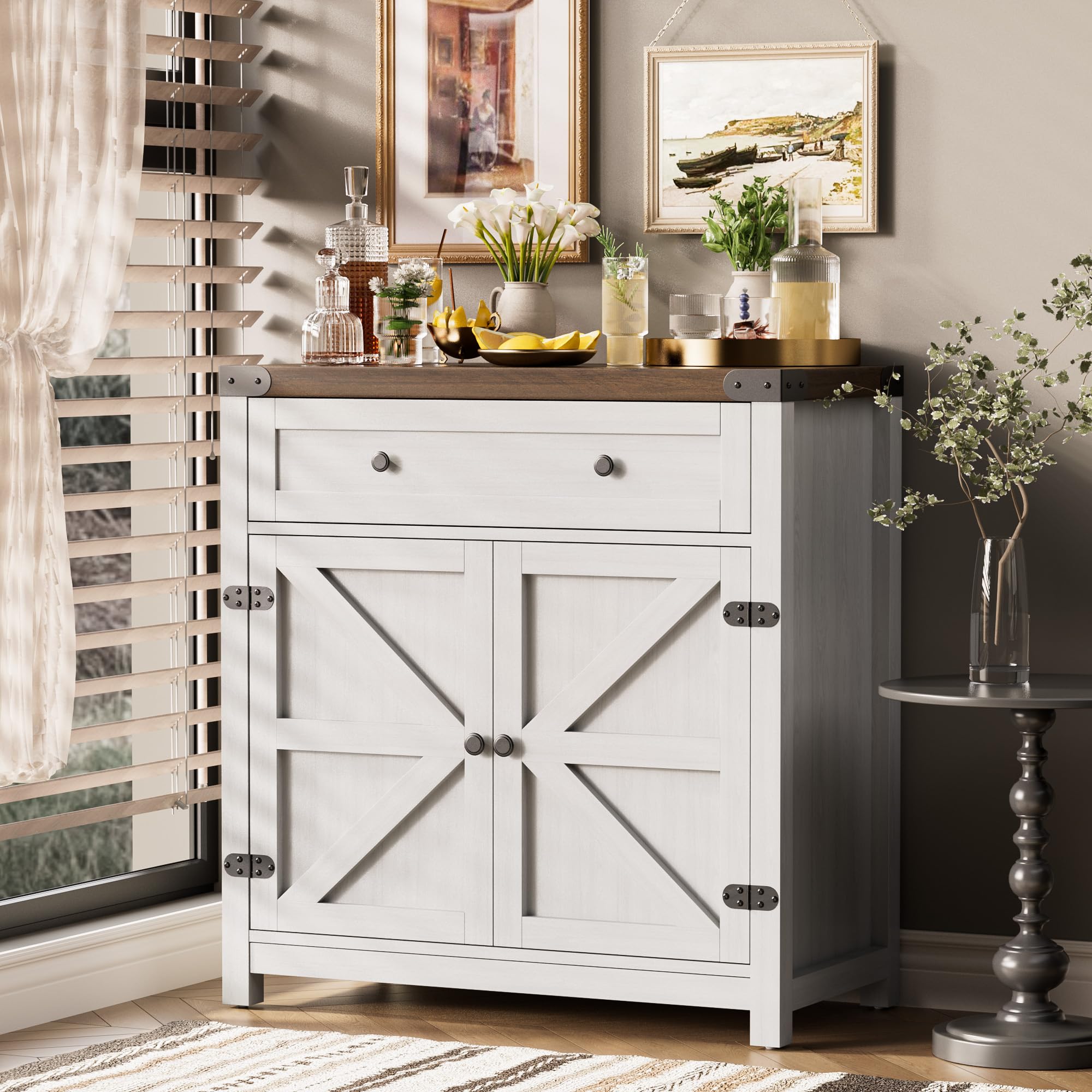 JUMMICO Coffee Bar Cabinet Farmhouse Kitchen Sideboard Buffet Cabinet with Drawer and Adjustable Shelf Barn Door Storage Cabinet for Kitchen, Dining Room, Bathroom, Entryway(White)