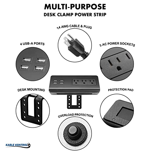 Kable Kontrol Desk Clamp Power Strip with 4 USB Ports, Desk Edge Power Charging Station, 3 Power Outlets, Fast Charger, Easy Installation for Home, Offices, Hotels β 4.9 Ft, Black