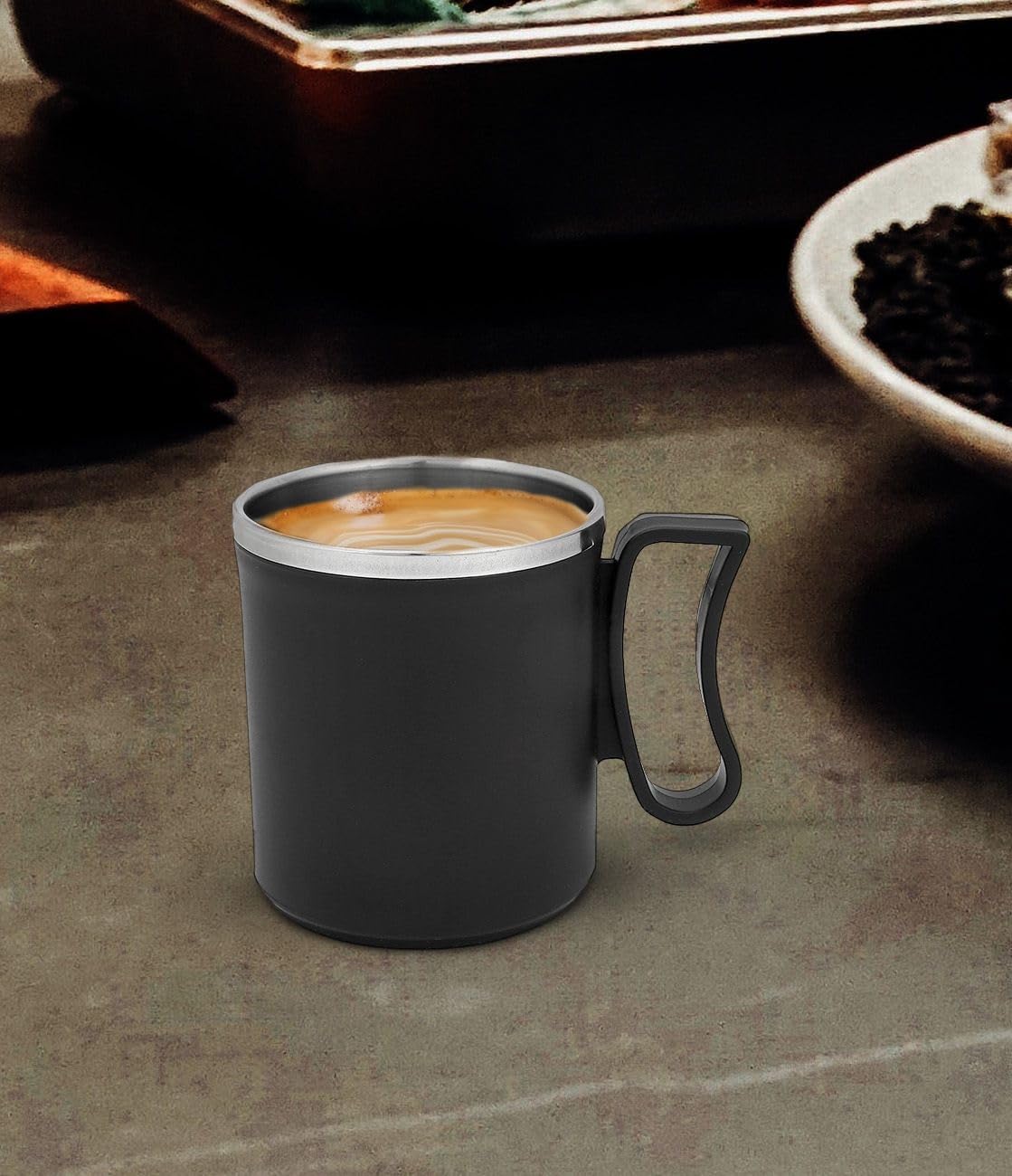 Dynore Stainless Steel Insulated 1 Pc Double Walled Plastic Covered Travel Tea/Coffee Mug with Lid- Black