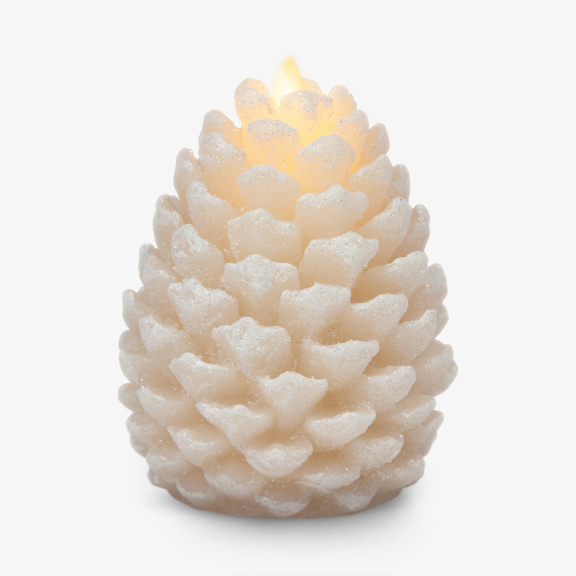 Luminara Pinecone Flameless Candle White Swan Glitter and Snow Finish Pine Cone Figural, Real Wax Unscented LED Candles, Battery Operated with Timer, Holiday Decoration (4.7" x 6")
