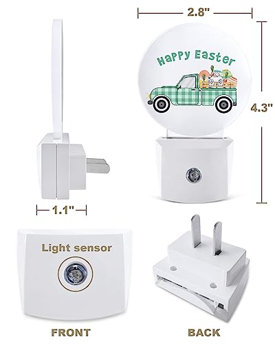 Night Light Plug into Wall, LED Nightlights Happy Easter Green Plaid Truck Pull Eggs and Bunny Small Nightlight Auto Dusk-to-Dawn Sensor Lamp LED Night Lights for Kid's Bedroom, Bathroom