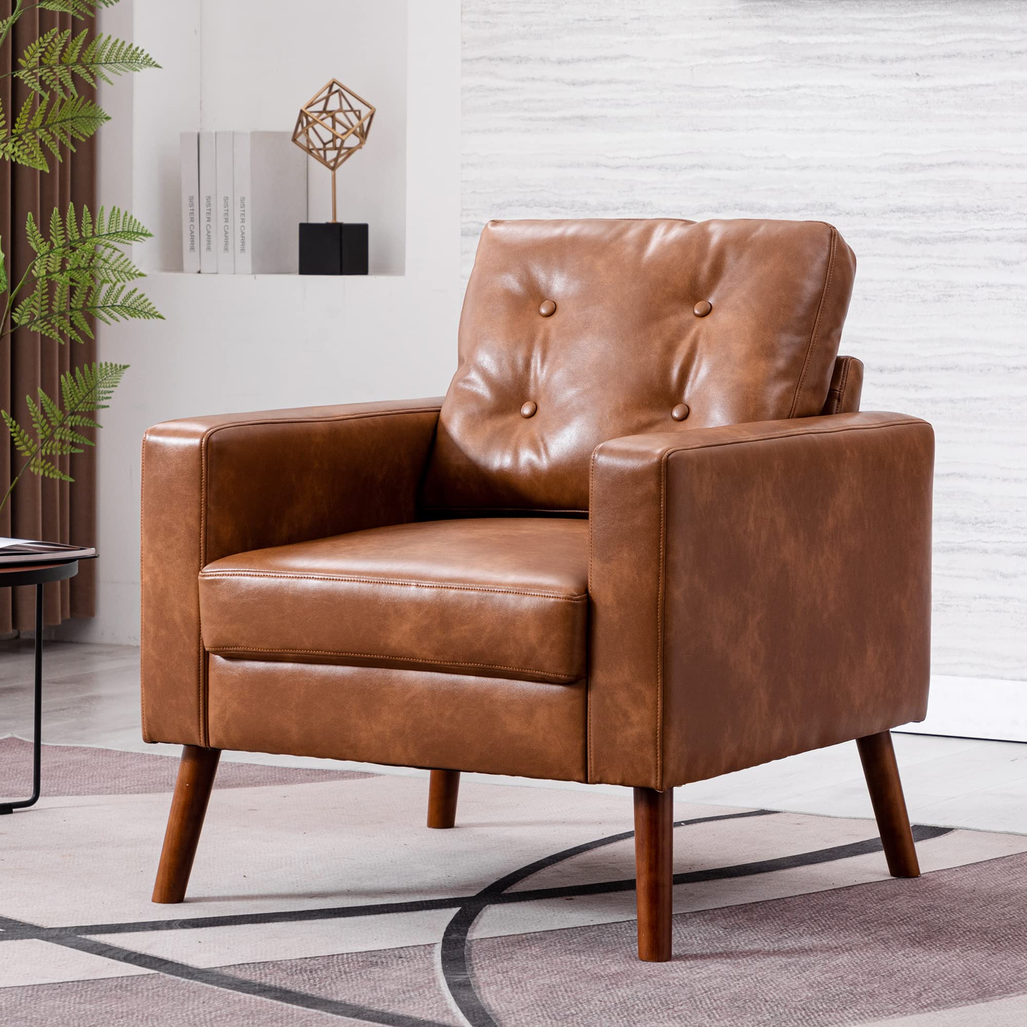 Mid Century Modern 53” Loveseat Sofa, Comfy Upholstered Button Tufted Faux Leather 2 Seater Small Sofa Couch, Lounge Sleeper Sofa Bed Love Seats for Small Spaces Living Room Apartment Bedroom, Brown