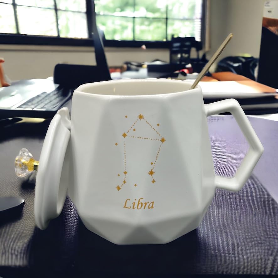 RedRoko Zodiac Sign Star Self Heating Coffee Mug - Astrology Coffee Mugs, Constellation, Astrology Zodiac Signs, Coffee Warmer Mug, Ceramic Coffee Mug with Hot Plate, Spoon & Lid - Libra - White