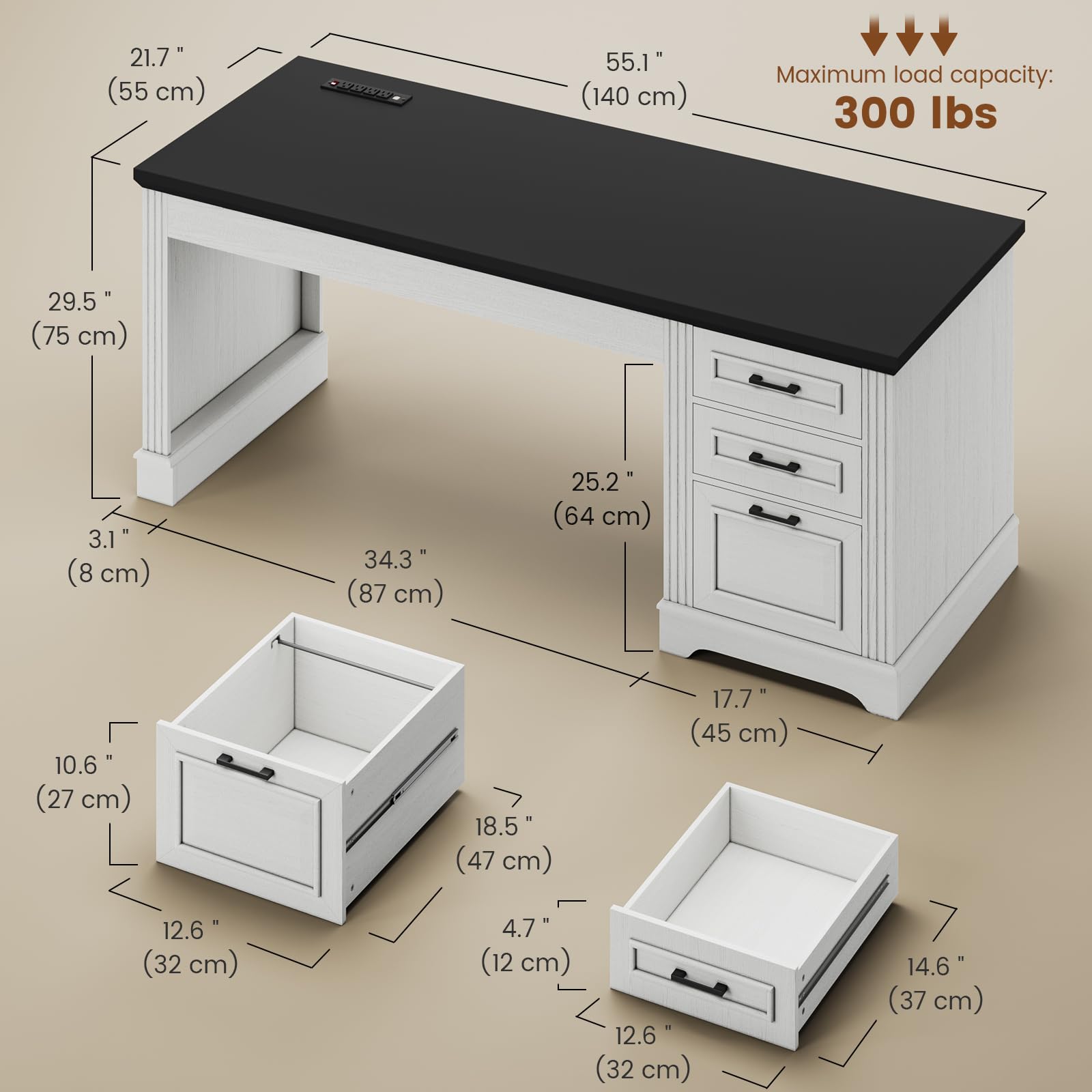 Itaar Farmhouse 55" Executive Desk, Computer Desk with Storage Drawers and Power Outlet, Home Office Desk, Workstation for Office Home, White