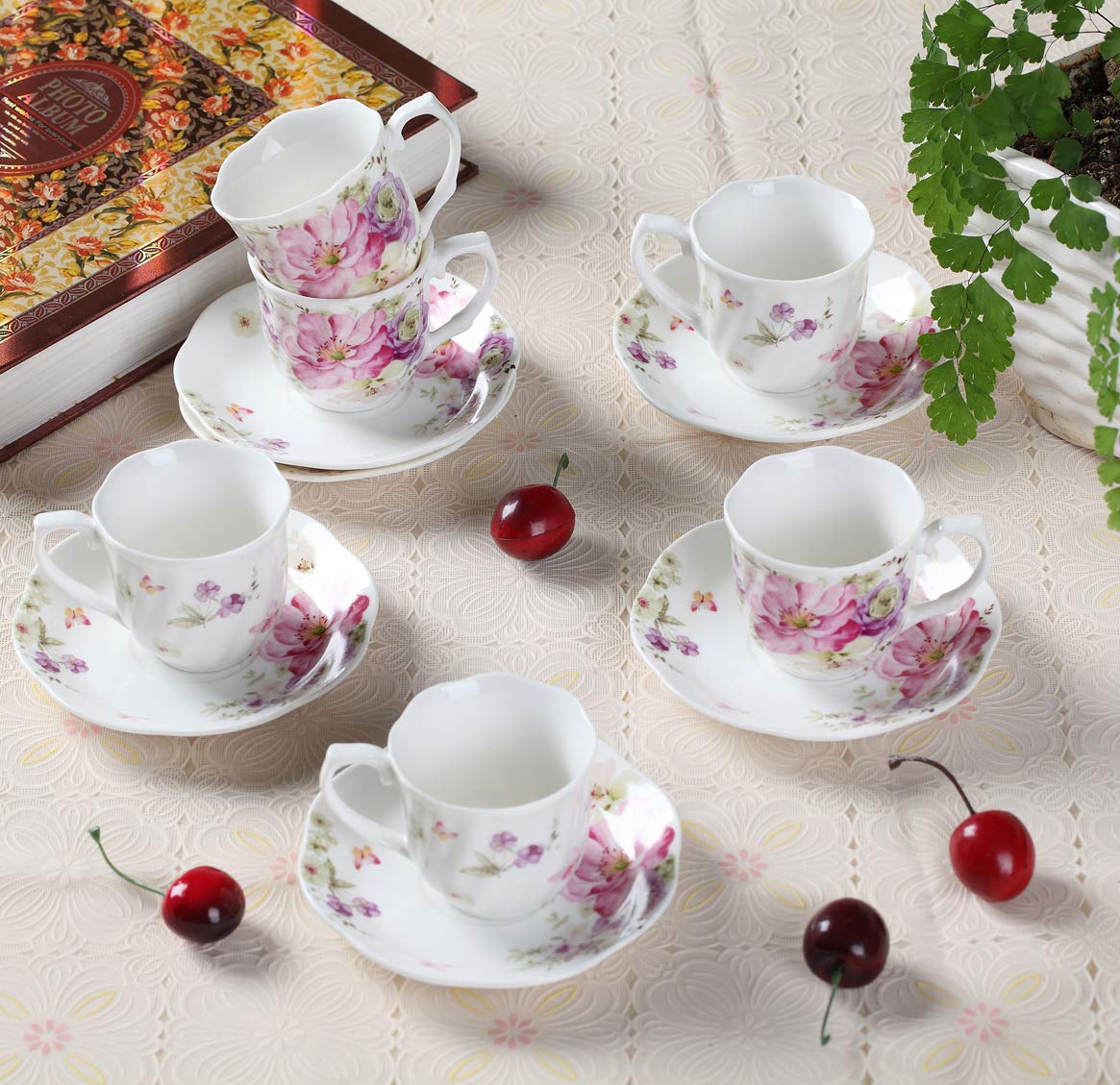 GuangYang 12 Pieces (Tiny Style) Espresso Cups and Saucers,2.5 ounce/80ml,Set of 6,Mini Premium Porcelain Coffee Cup Set, Fancy Flower Pattern Design