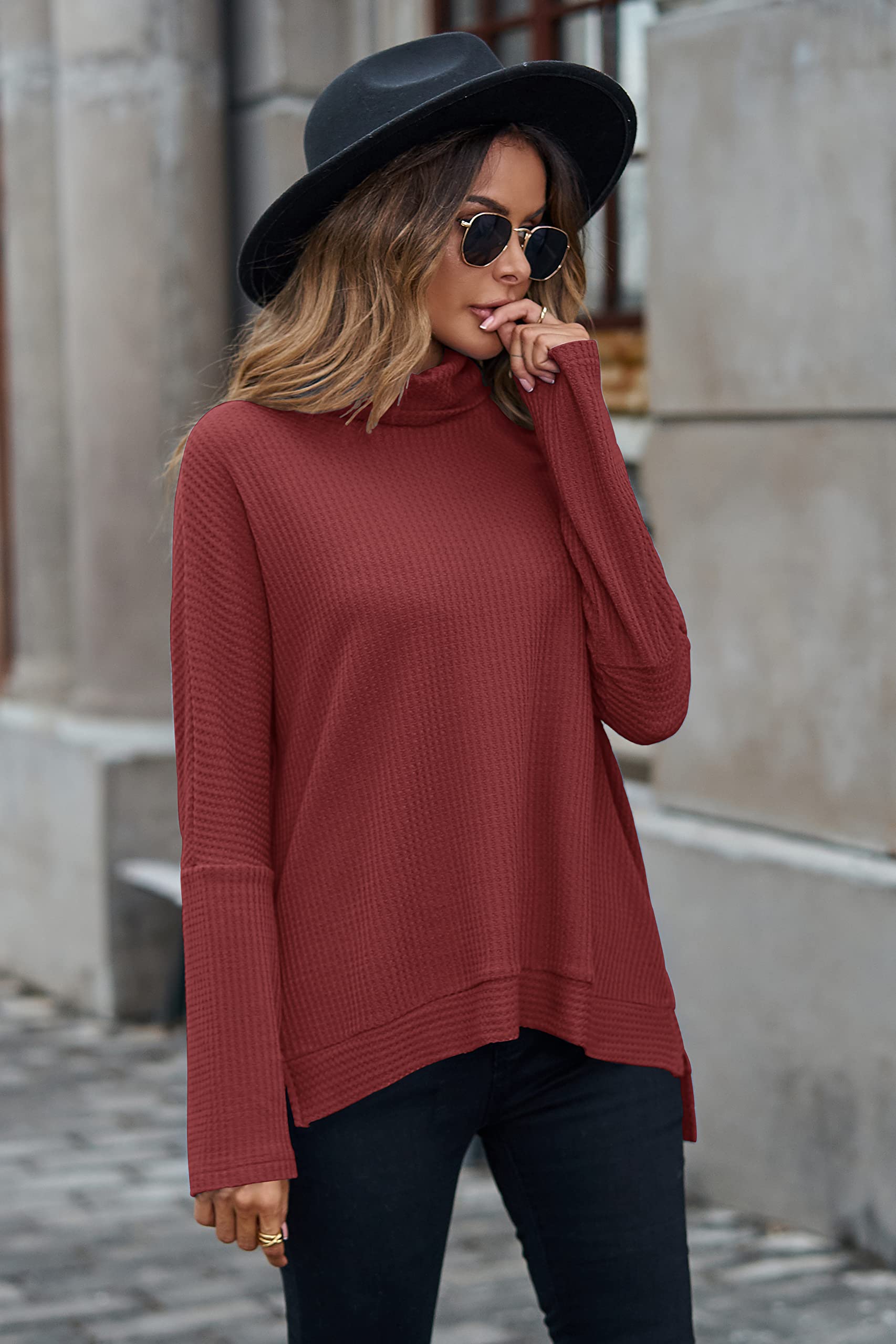 Dokuritu Women's Turtleneck Long Sleeve Red Knit Sweater Causal Loose Cowl Neck Waffle Knit Tunic Tops High Low Side Slit Pullover(Red,S)