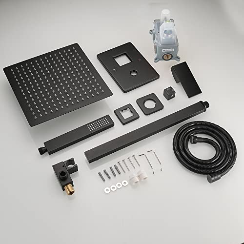 JingGang Matte Black Shower System 12 Inch Bathroom Luxury Rain Mixer Shower Combo Set Wall Mounted Rainfall Shower Head and Handheld System Shower Faucet Set Rough-in Valve Body and Trim Included