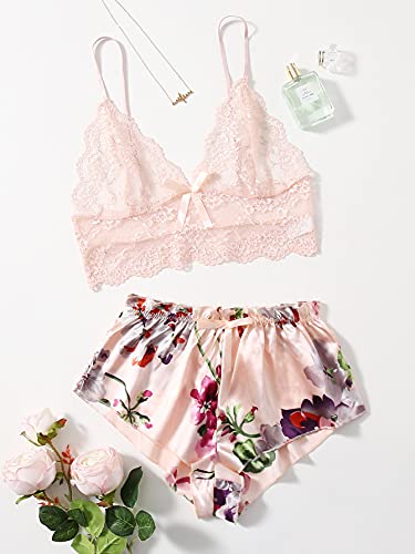 WDIRARA Women's Pajamas Set Lace Satin Lingerie with Cami Floral Shorts Sleepwear Pink M
