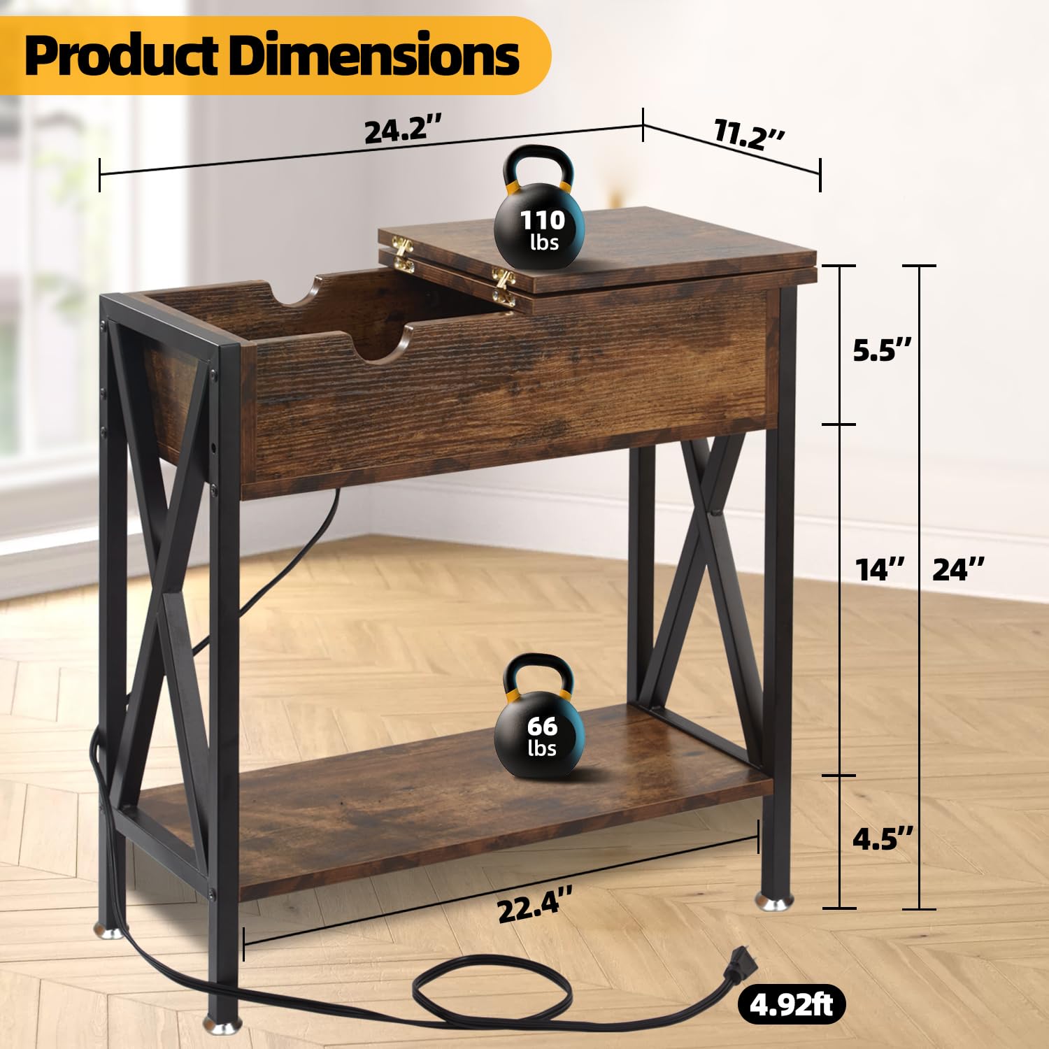 TooCust End Tables Living Room with Charging Station, Flip Top Side Table with USB Ports and Outlets, Couch End Tables, Narrow End Tables with 5.5" Deep Flip Top Drawer(11.2" D x 24" W x 24" H)