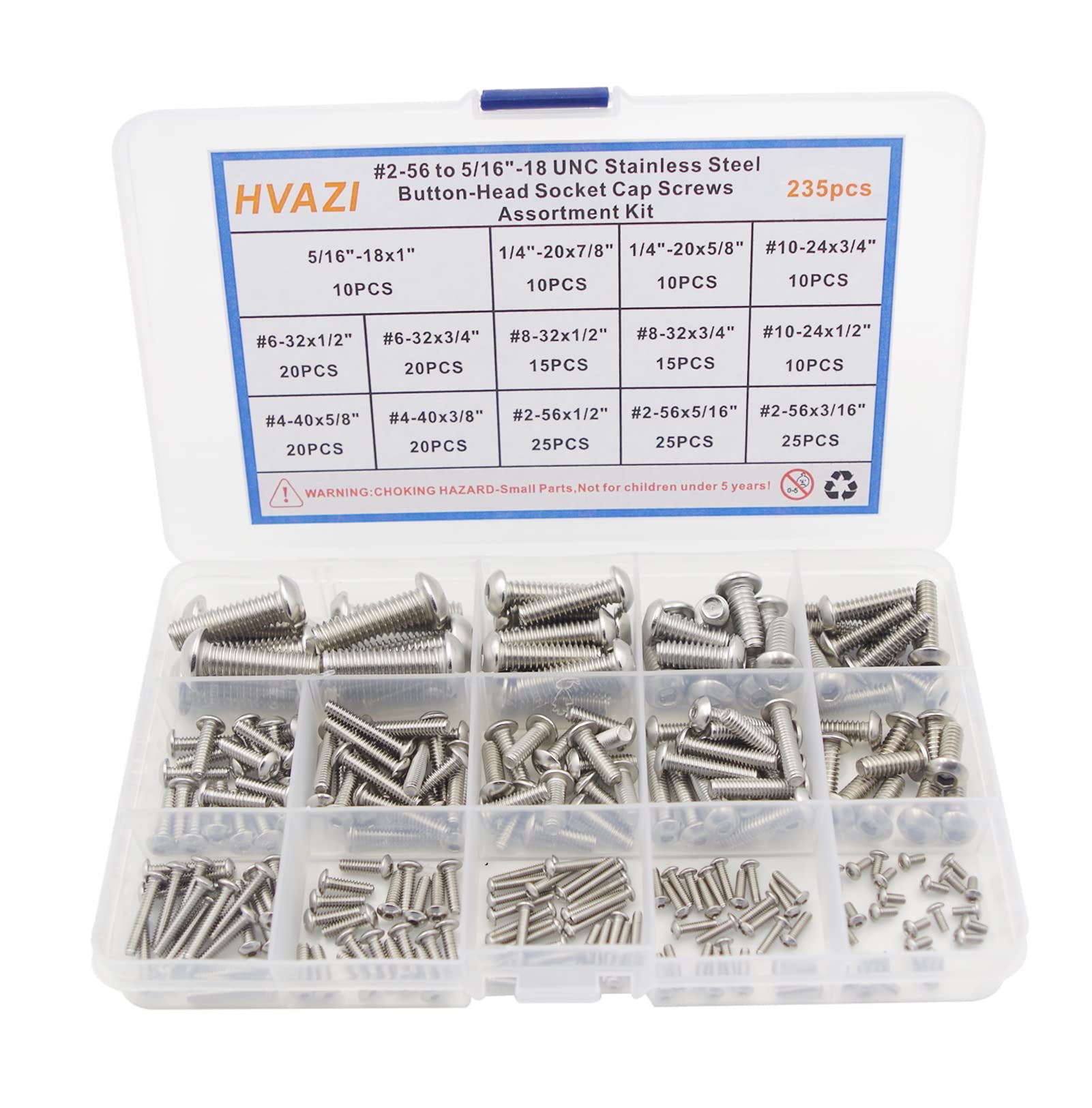 HVAZI #2-56 to 5/16"-18 UNC Stainless Steel Button-Head Socket Cap Screws Assortment Kit