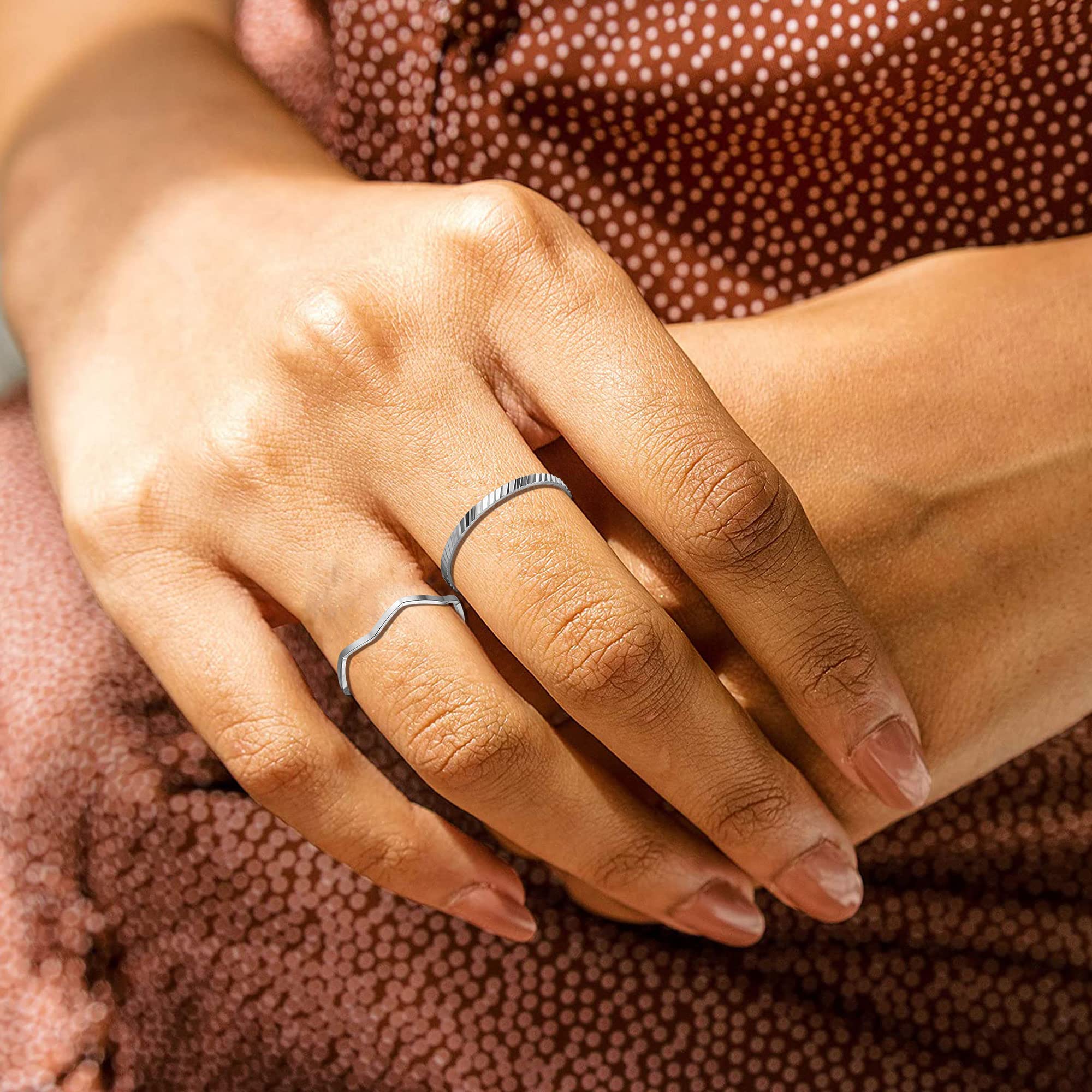 FIBO STEEL 8Pcs 1mm Cute Minimalist Band Rings for Women Simple Stacking Knuckle Ring Set Silver Plated Midi Finger Rings Size 6