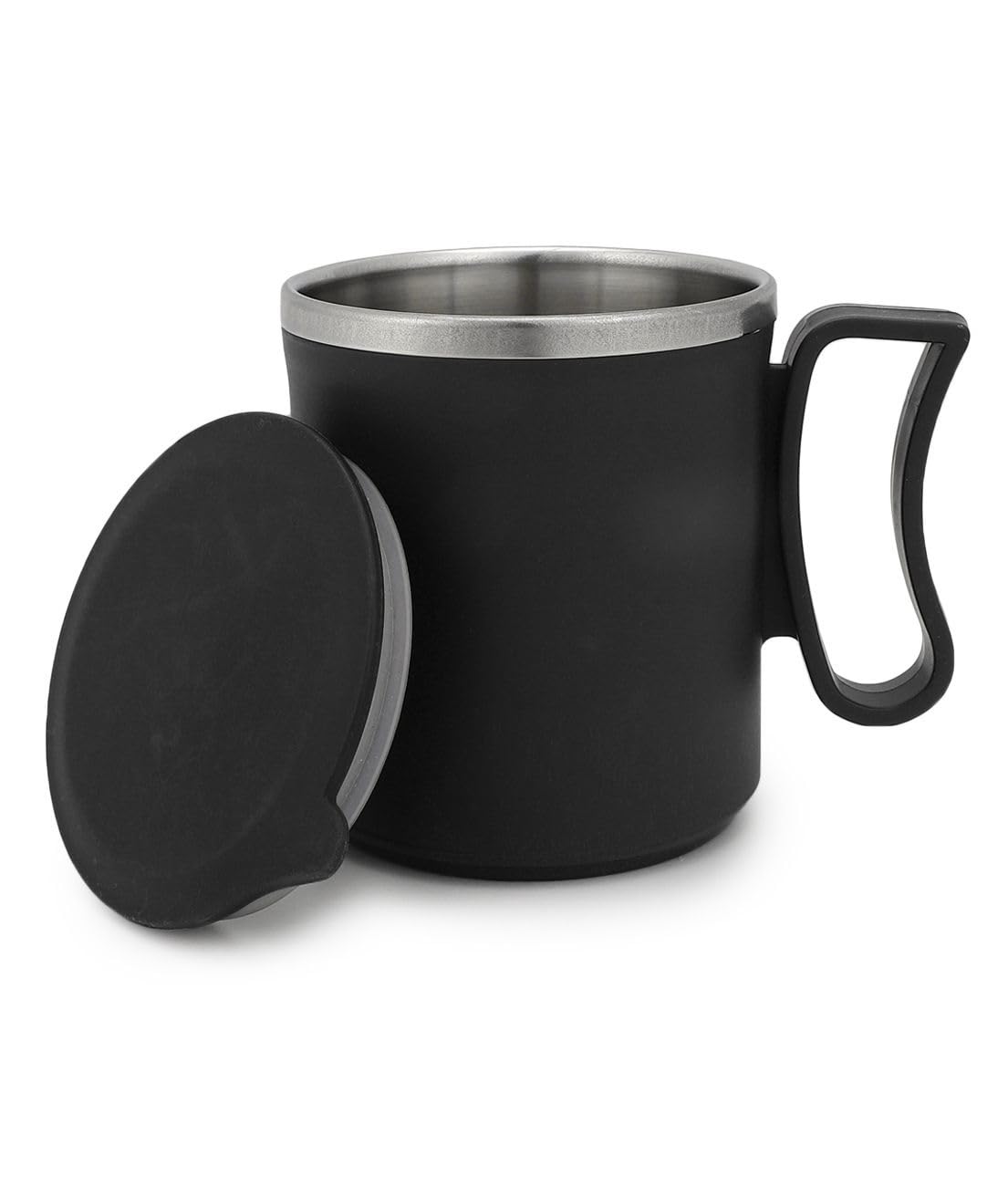 Dynore Stainless Steel Insulated 1 Pc Double Walled Plastic Covered Travel Tea/Coffee Mug with Lid- Black