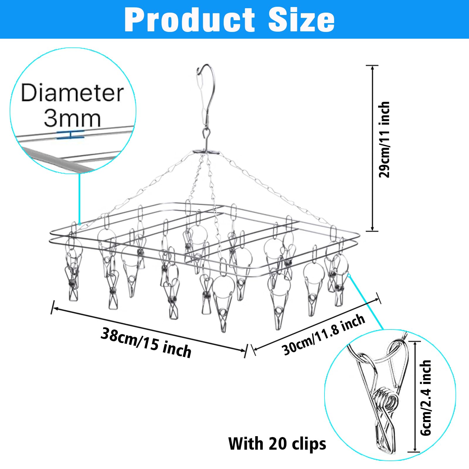 SYJINHUASY Tainless Steel Sock Drying Rack with 20 Clips, Stainless Steel Space-Saving Dryer Rack Washline for Sock,Underwear Etc Small Laundry Items (Stainless Steel-Square)