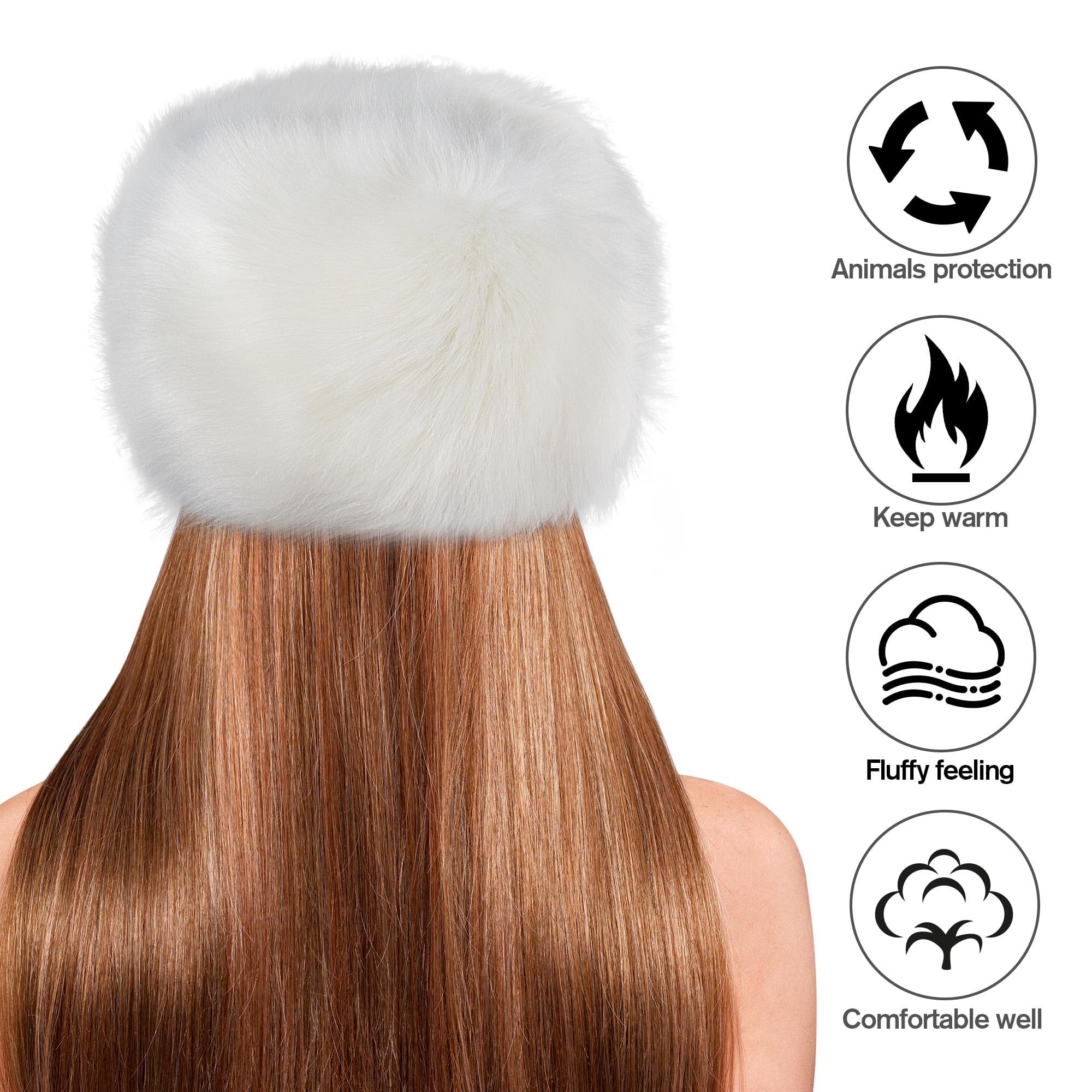 Dikoaina Faux Fur Cossack Russian Style Hat for Ladies Winter Hats for Women, White, Medium