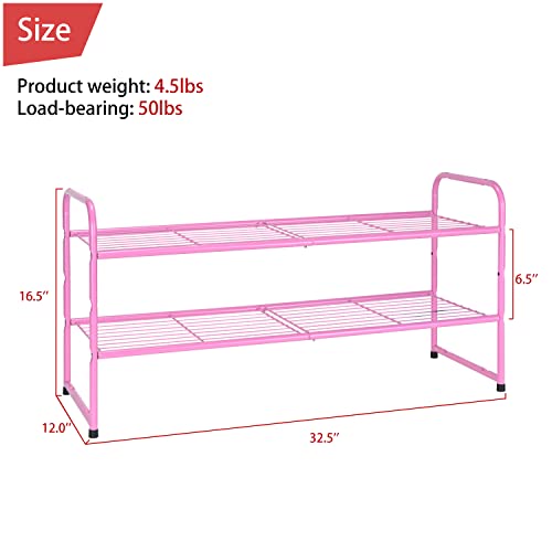 SUFAUY 2-Tier Shoe Rack, Stackable Shoe Shelf Storage Organizer for Entryway Closet, Extra Large Capacity, Wire Grid, Pink