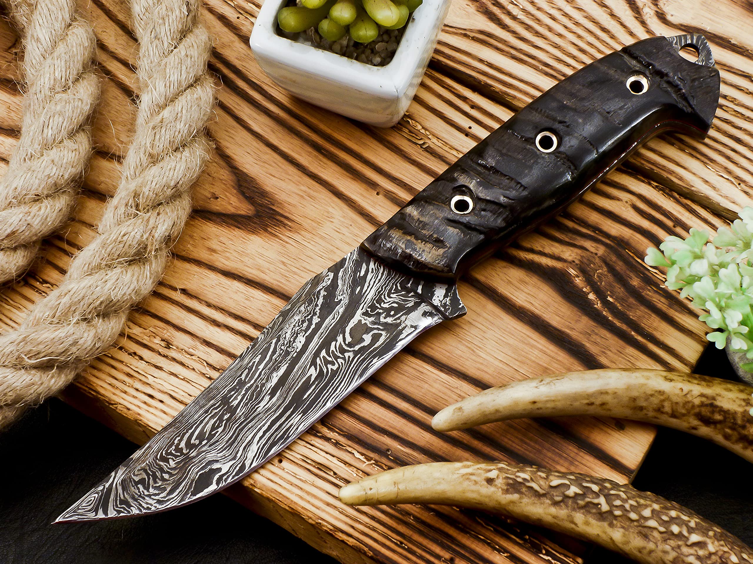 Handmade Damascus Hunting Knife with Sheath for Belt – 10 inches Fixed Blade full tang 1095 steel knife with Sheep Horn Handle
