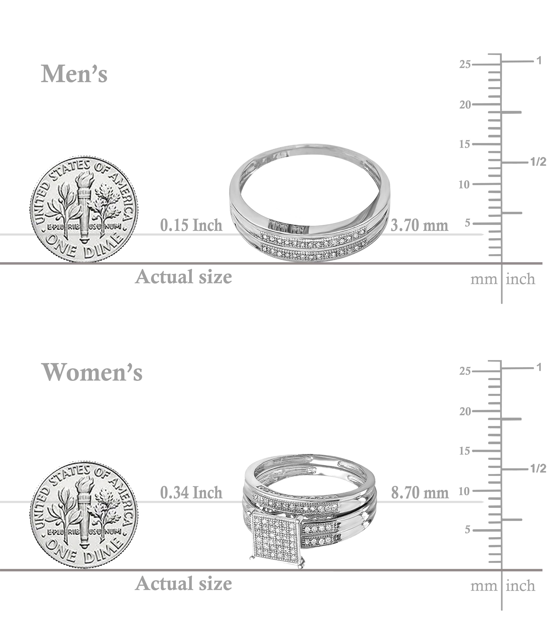 Dazzlingrock Collection Round White Diamond Square Head Filigree Wedding Trio Ring Set (0.25 ctw) in 925 Sterling Silver, Women size 9 and Men size 10