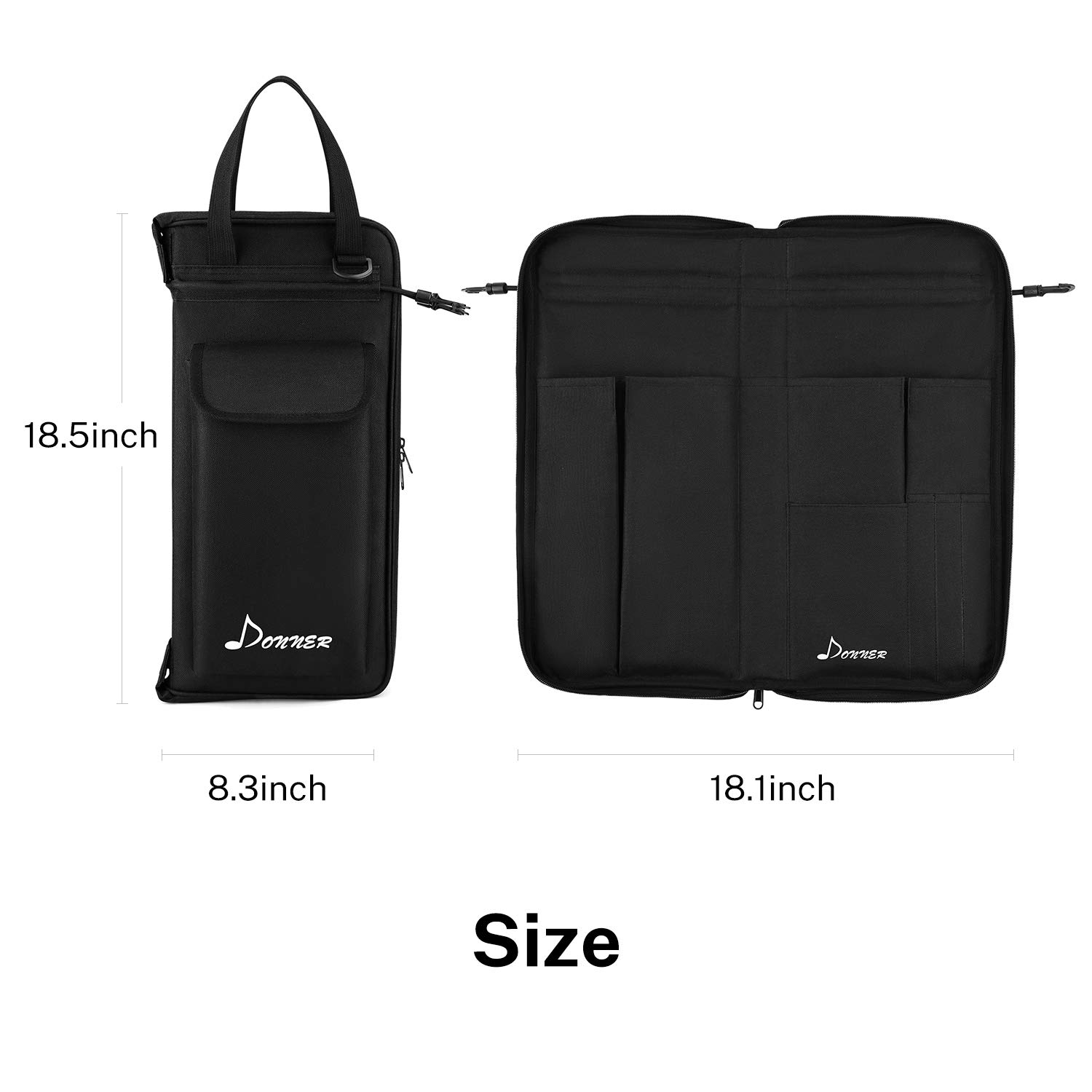 Donner Drumsticks Bag Holder Thickened Large Capacity Drum Sticks Bag Hangable Portable for Drumsticks Brushes Mallets Up to 12 Pairs, Black